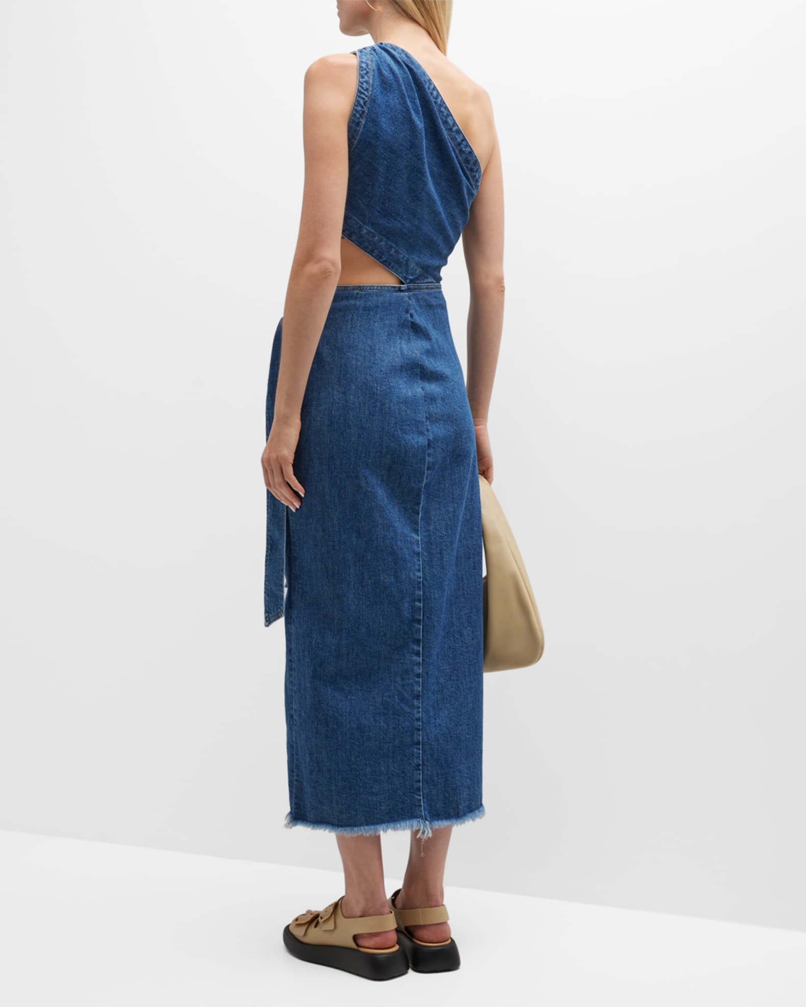 SIMKHAI Doran Denim One-Shoulder Cutout Midi Wrap Dress | Neiman Marcus