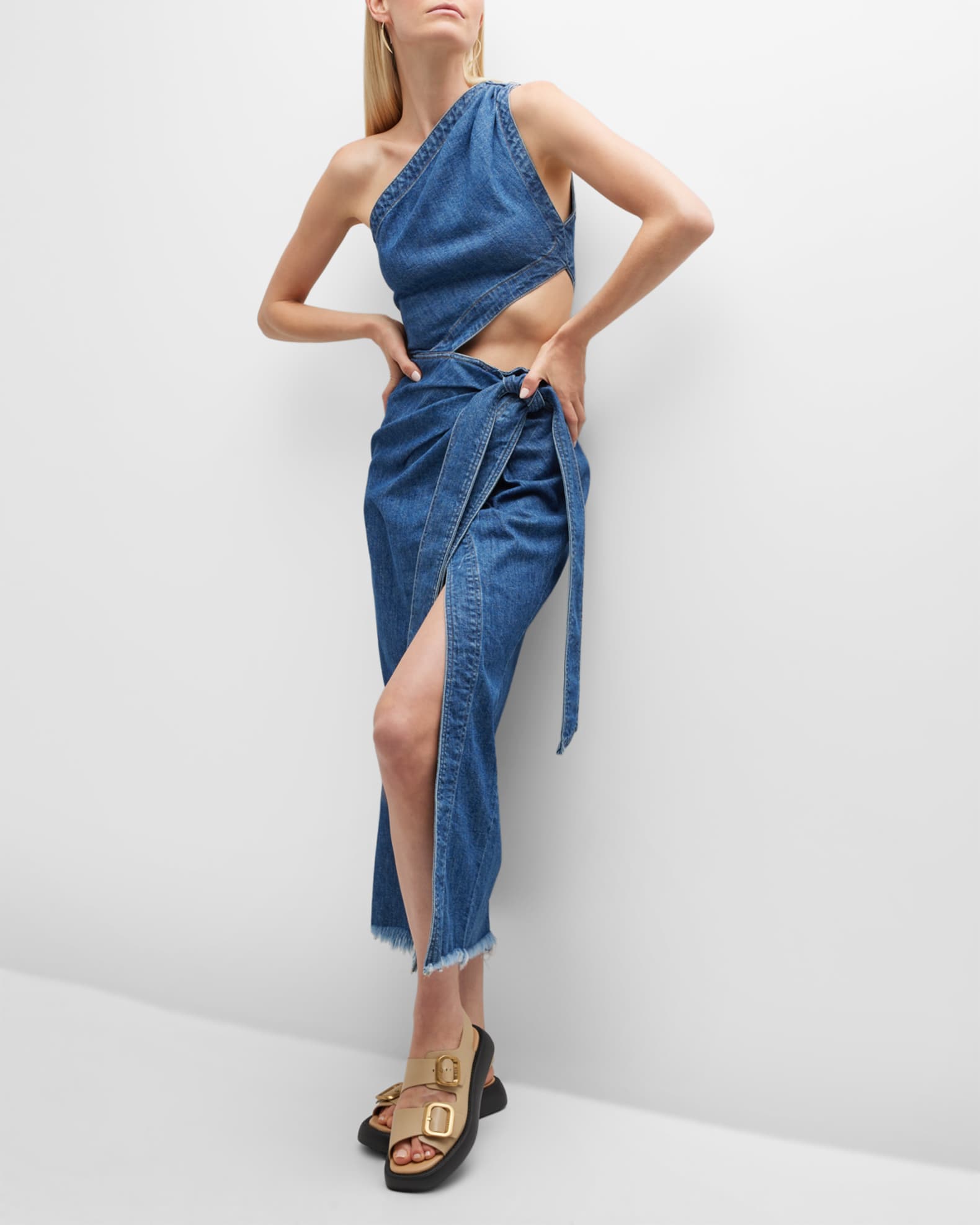 SIMKHAI Doran Denim One-Shoulder Cutout Midi Wrap Dress | Neiman Marcus