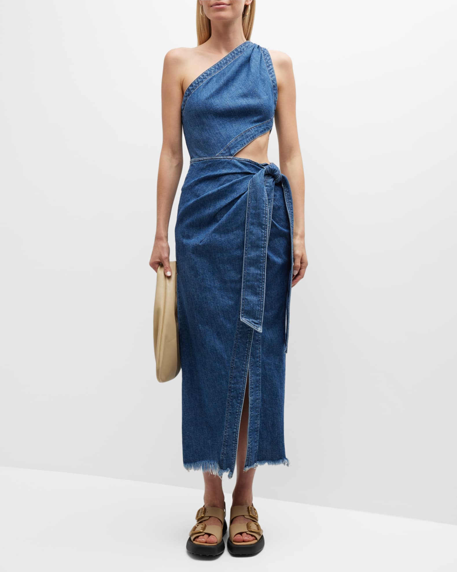 SIMKHAI Doran Denim One-Shoulder Cutout Midi Wrap Dress | Neiman Marcus