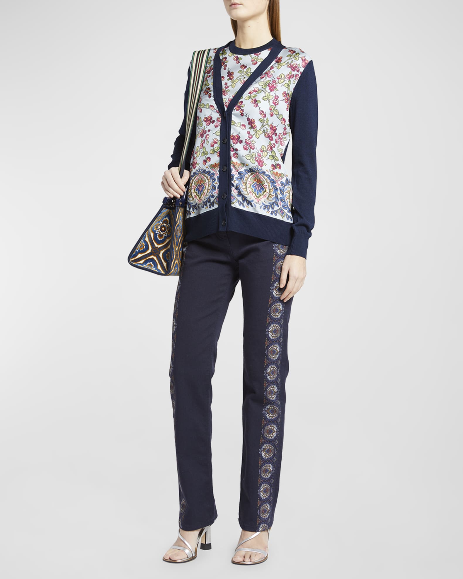 Etro Berry-Print Silk Panel Cardigan | Neiman Marcus