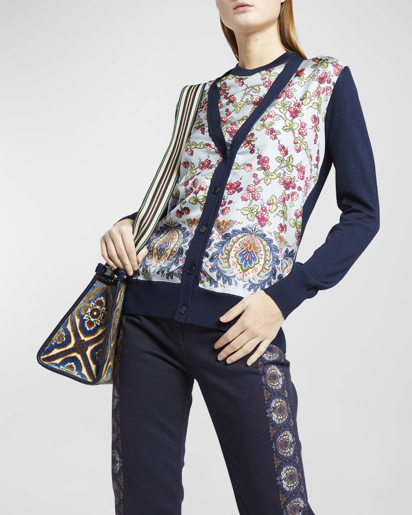 Etro Berry-Print Silk Panel Cardigan | Neiman Marcus