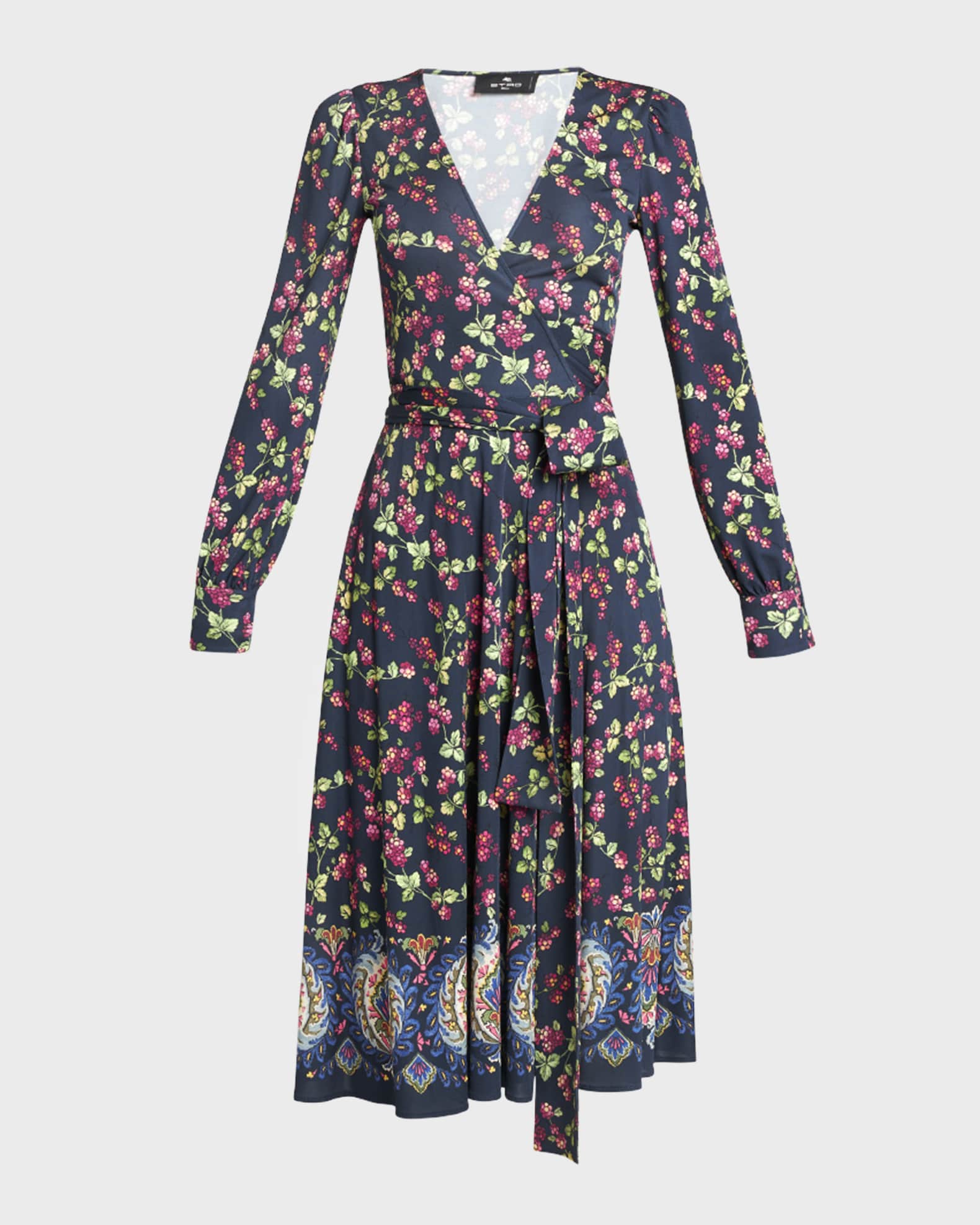 Etro Berry-Print Long-Sleeve Jersey Midi Wrap Dress | Neiman Marcus