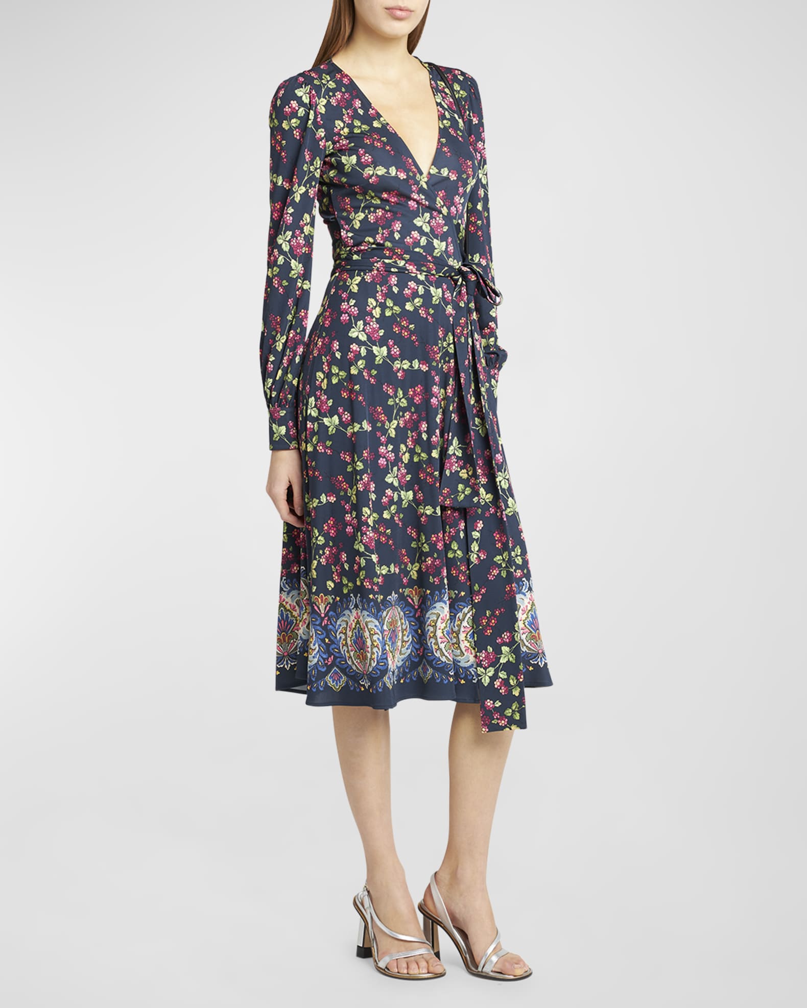 Etro Berry-Print Long-Sleeve Jersey Midi Wrap Dress | Neiman Marcus