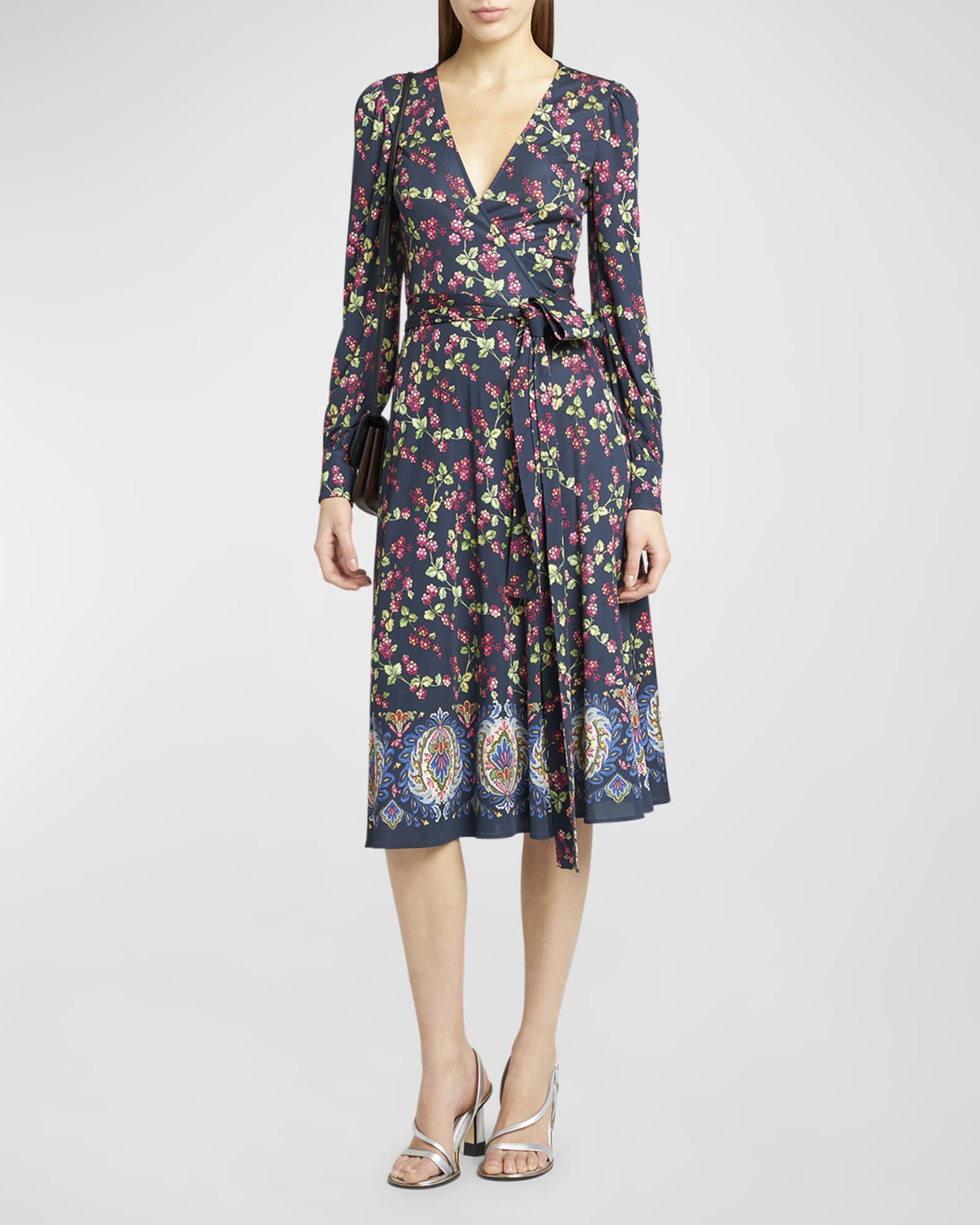 Etro Berry-Print Long-Sleeve Jersey Midi Wrap Dress | Neiman Marcus