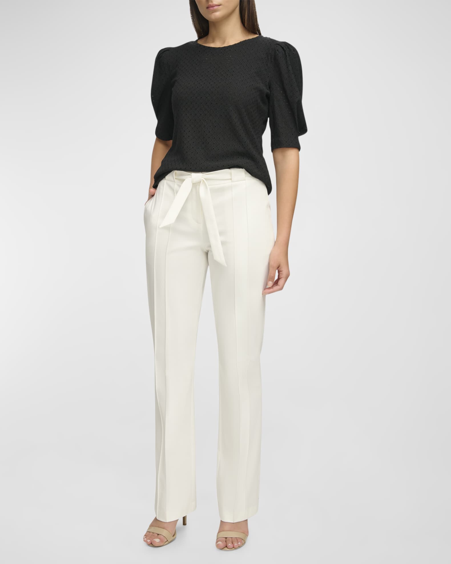 Donna Karan Belted Seamed Luxe Tech Pants | Neiman Marcus