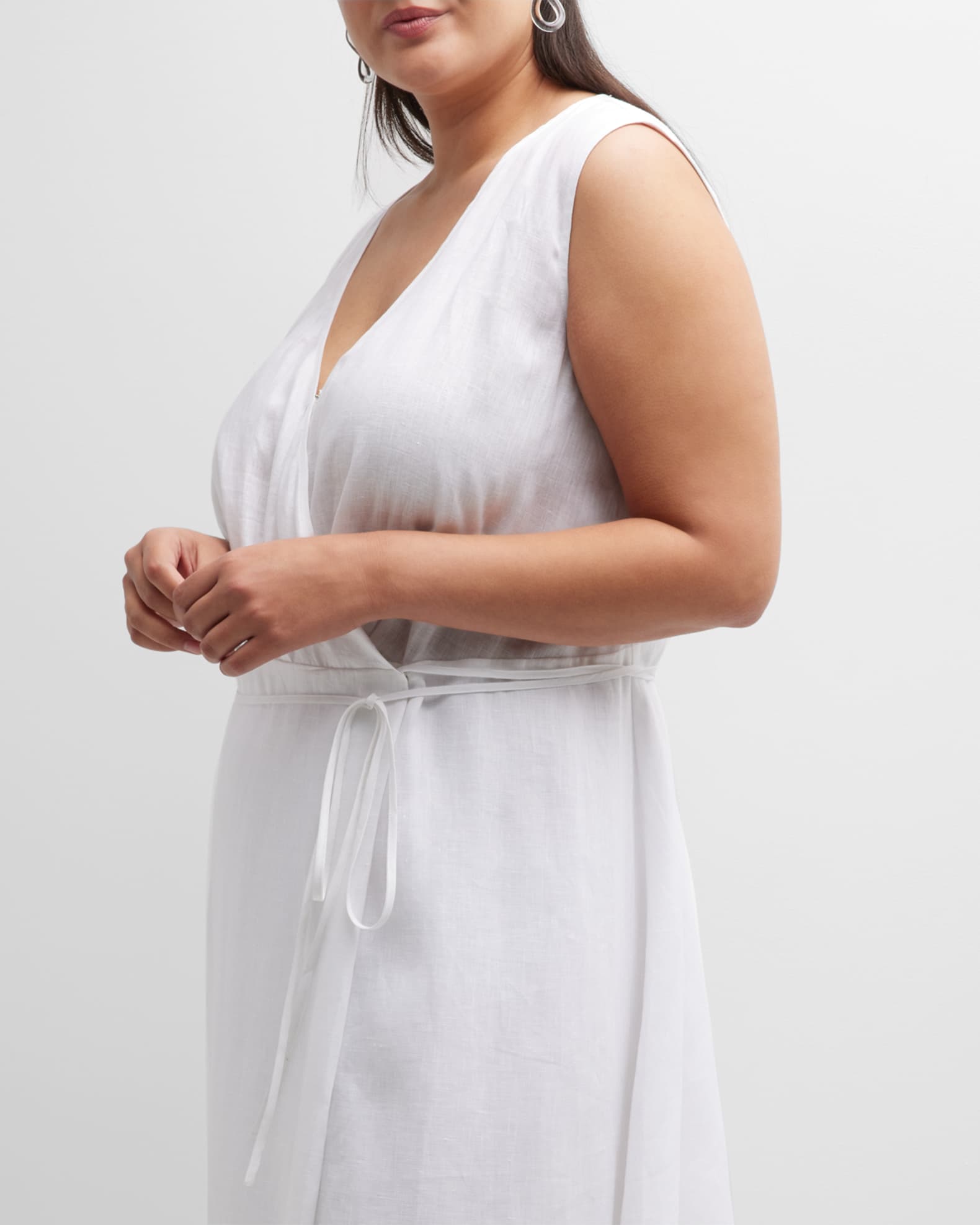 Whitney Morgan Plus Size Sleeveless Linen Midi Wrap Dress | Neiman Marcus
