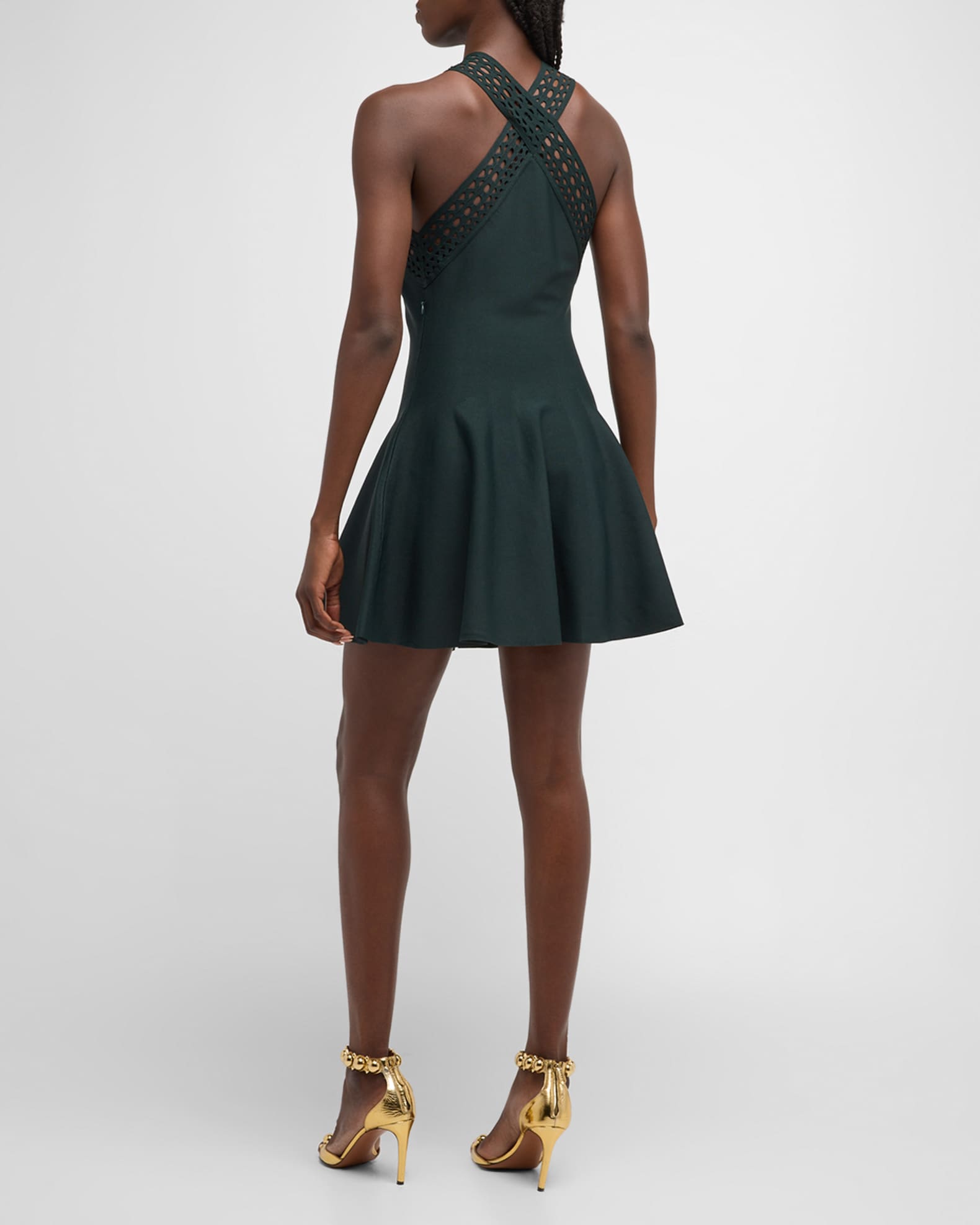 ALAIA Archetypes Vienne Mini Skater Dress with Open-Knit Halter Neck ...