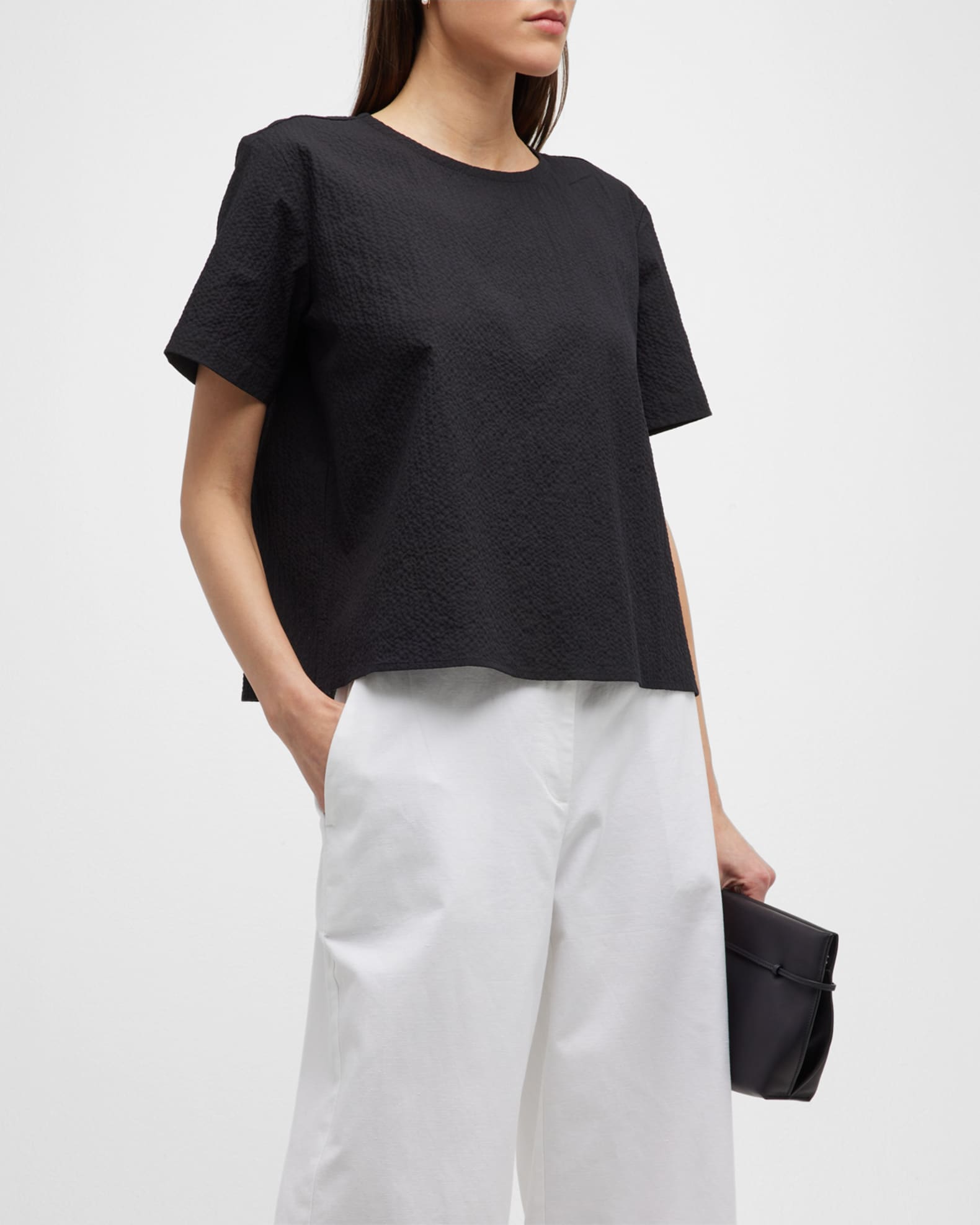 Eileen Fisher Crinkled Short-Sleeve Organic Cotton Top | Neiman Marcus