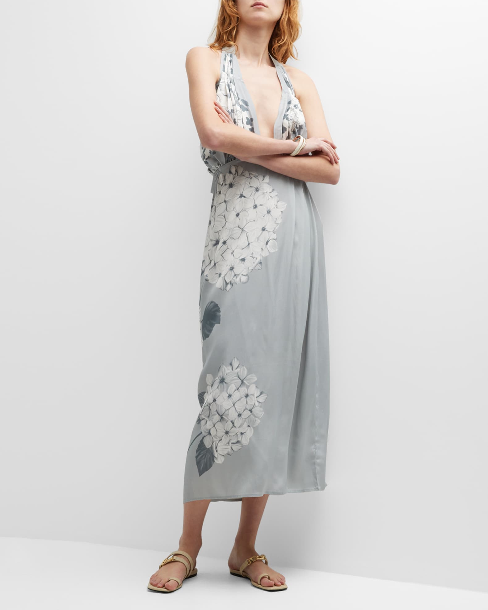 Verandah Hydrangea-Print Hand-Draped Halter Maxi Dress | Neiman Marcus