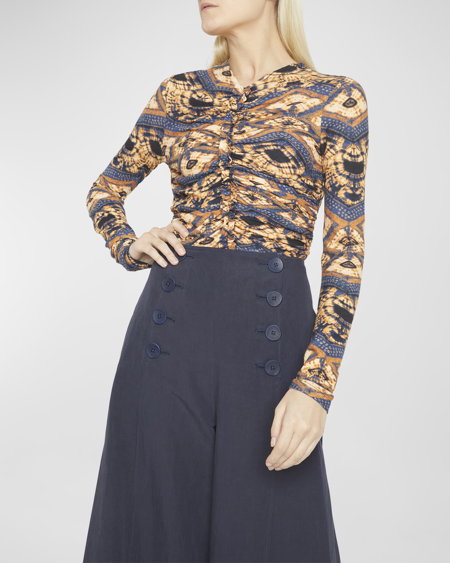 Ulla Johnson Wren Ruched Long-Sleeve Ruffle-Trim Top | Neiman Marcus