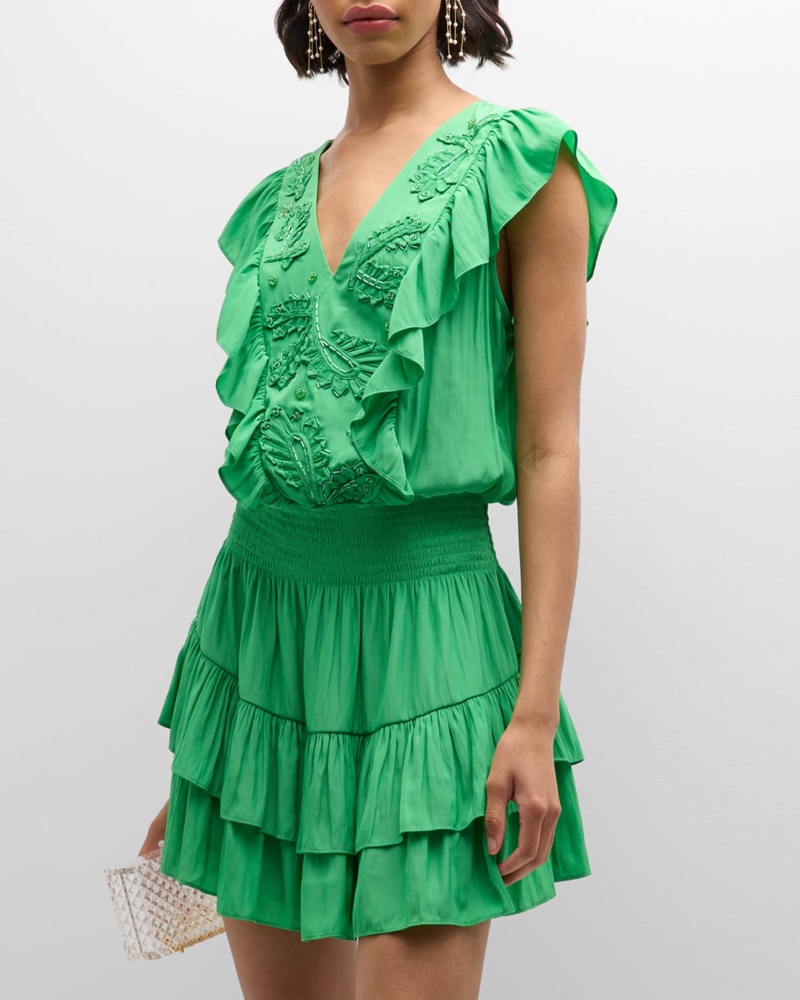 Ramy Brook Ari Embroidered Flutter-Sleeve Mini Dress | Neiman Marcus