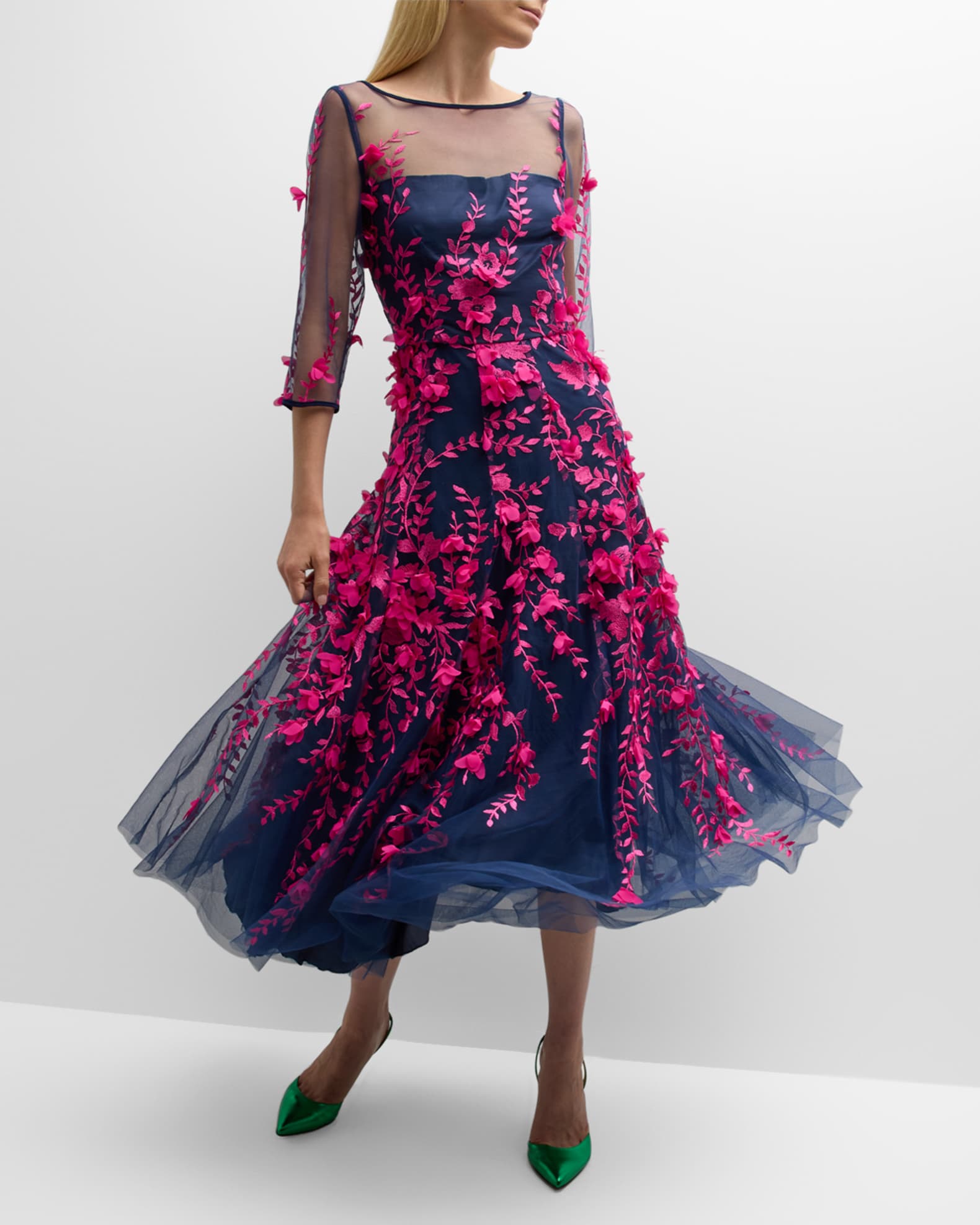 Maison Common Floral Embroidered 3/4-Sleeve Midi Tulle Illusion Dress ...