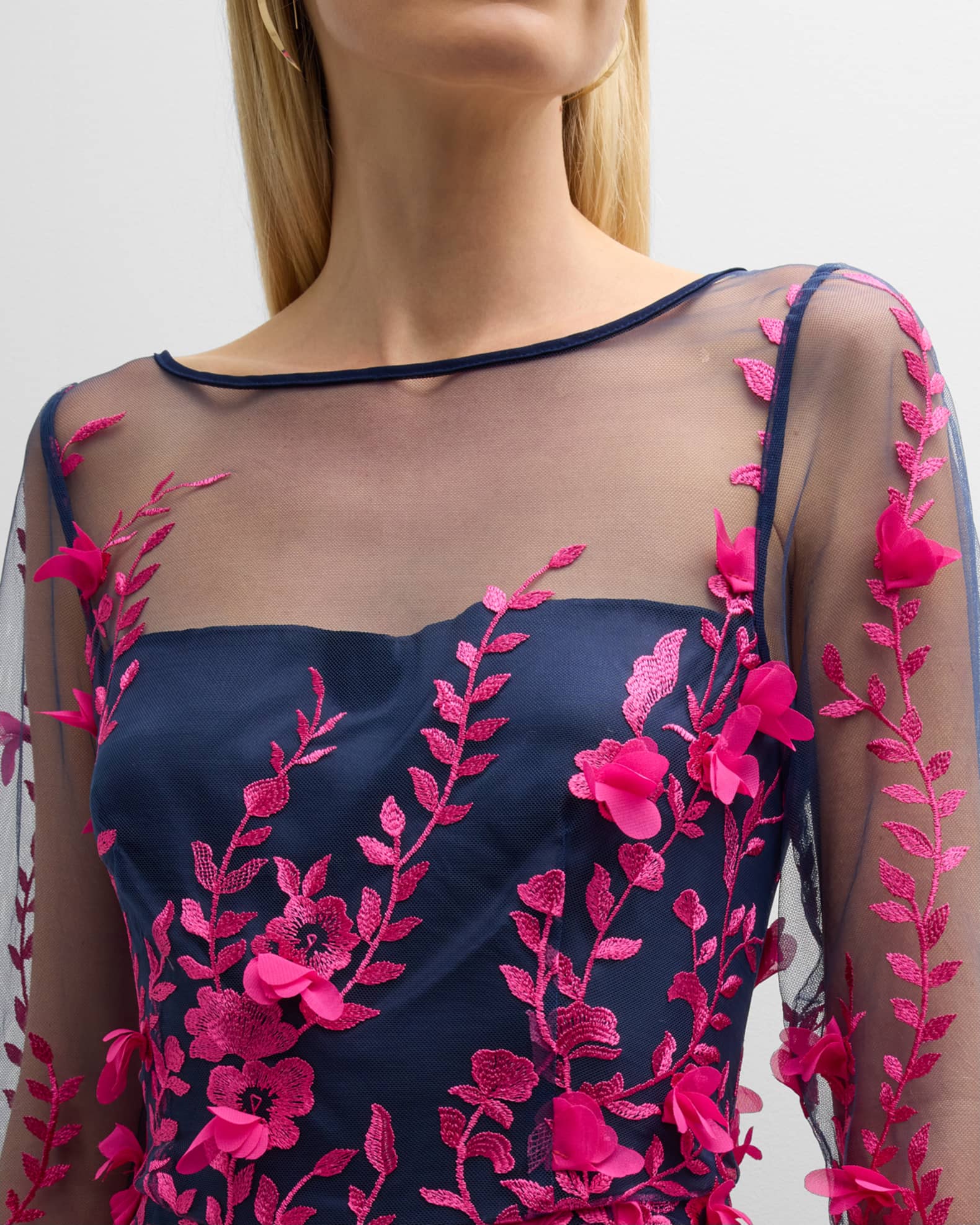 Maison Common Floral Embroidered 3/4-Sleeve Midi Tulle Illusion Dress ...