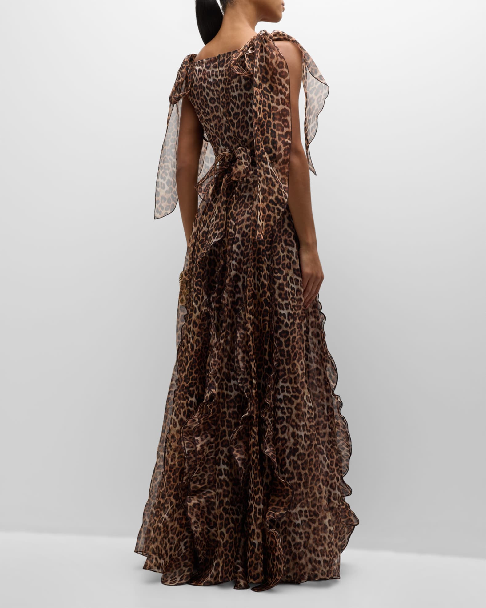 Maison Common Cheetah Print Silk Belted Gown with Shoulder Ties ...