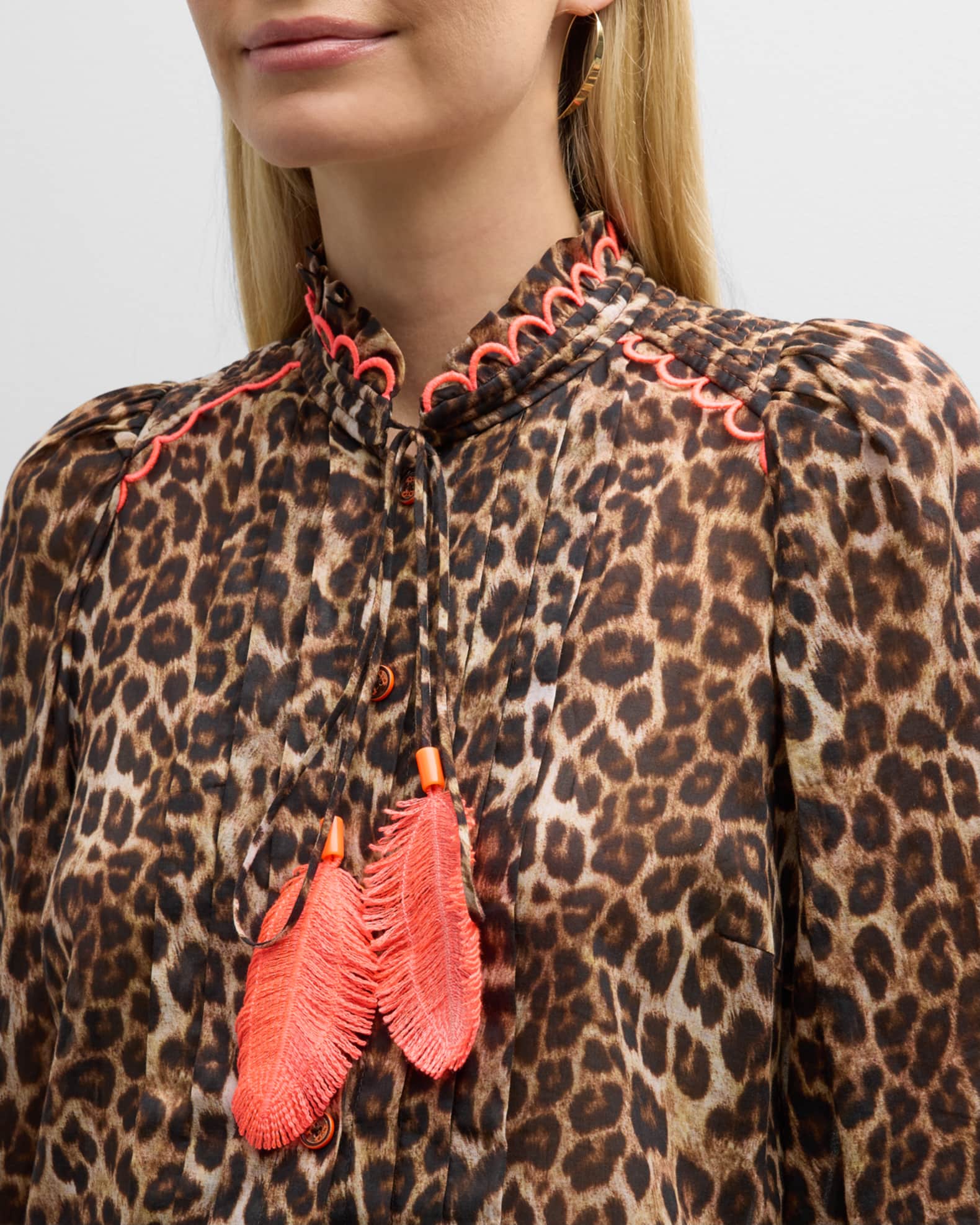 Maison Common Animal-Print Feather Neck-Tie Pleated Blouse | Neiman Marcus