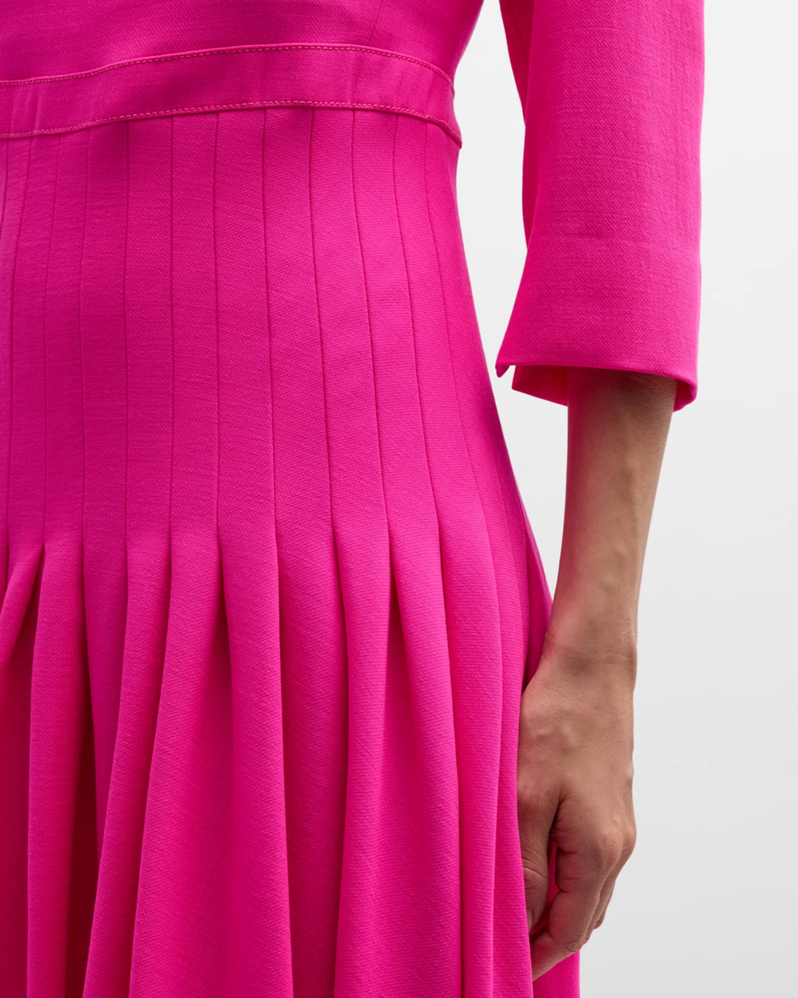 Maison Common Pleat Fluted 3/4-Sleeve Wool-Blend Dress | Neiman Marcus