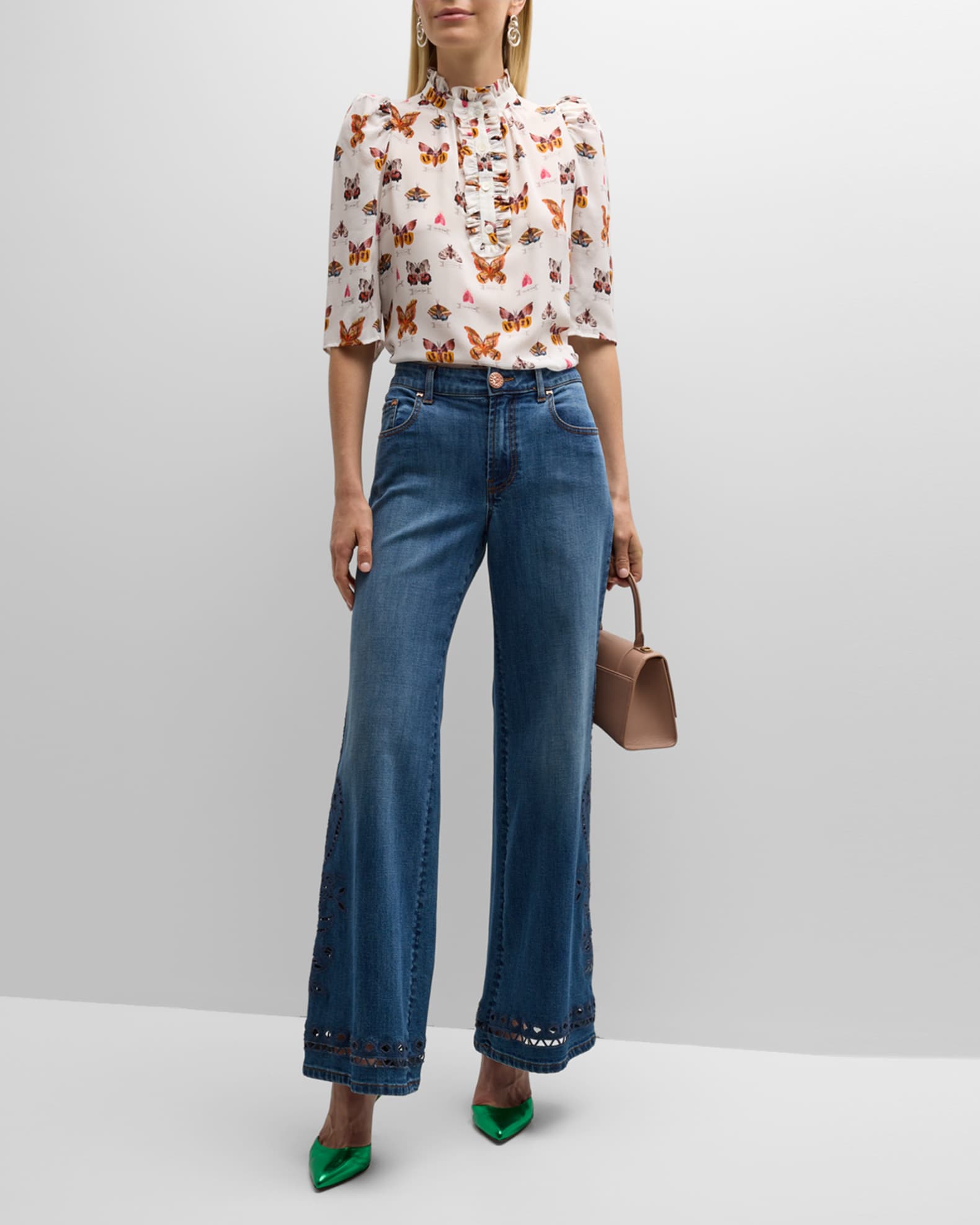 Maison Common Butterfly-Print Ruffle Silk Blouse | Neiman Marcus