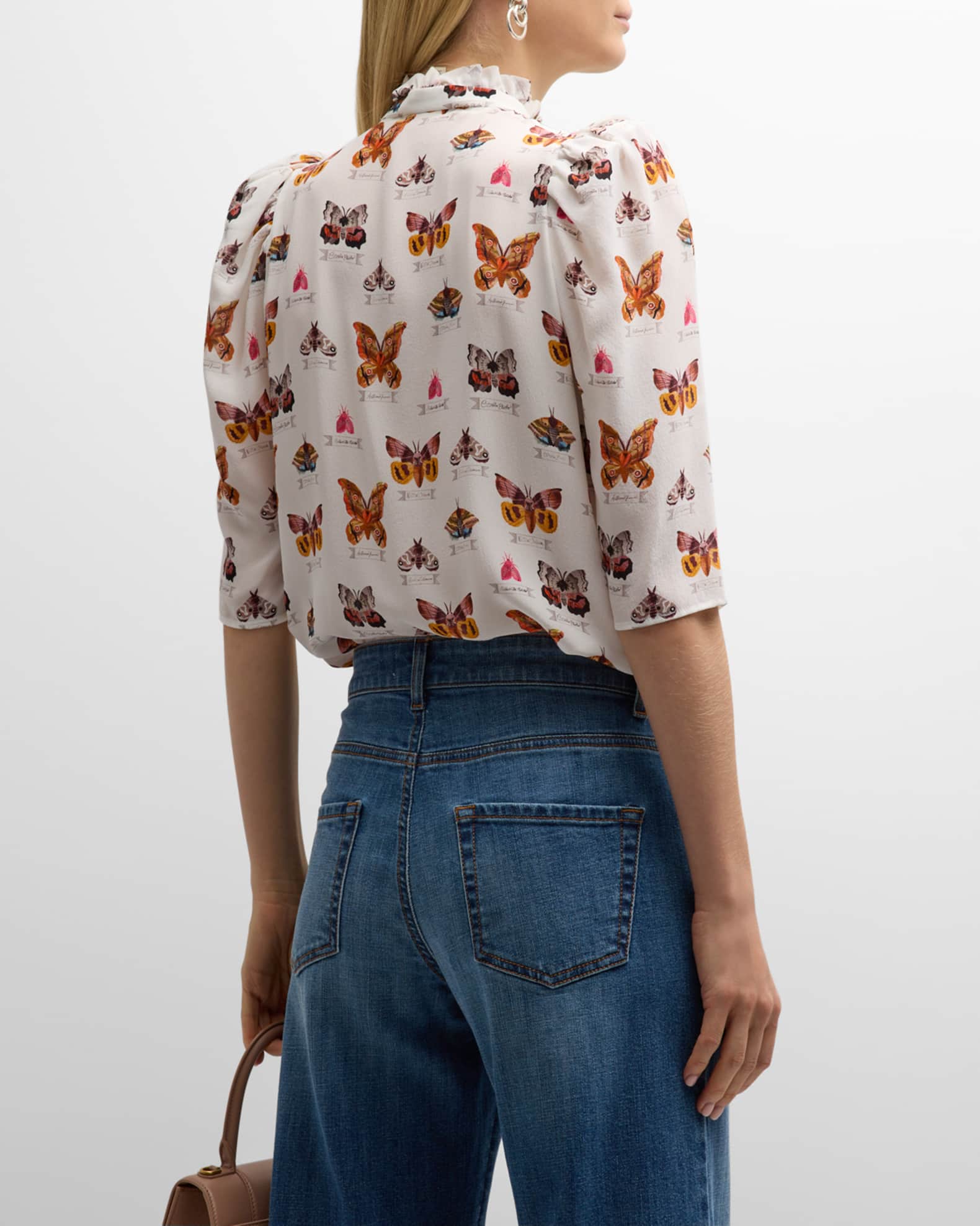 Maison Common Butterfly-Print Ruffle Silk Blouse | Neiman Marcus