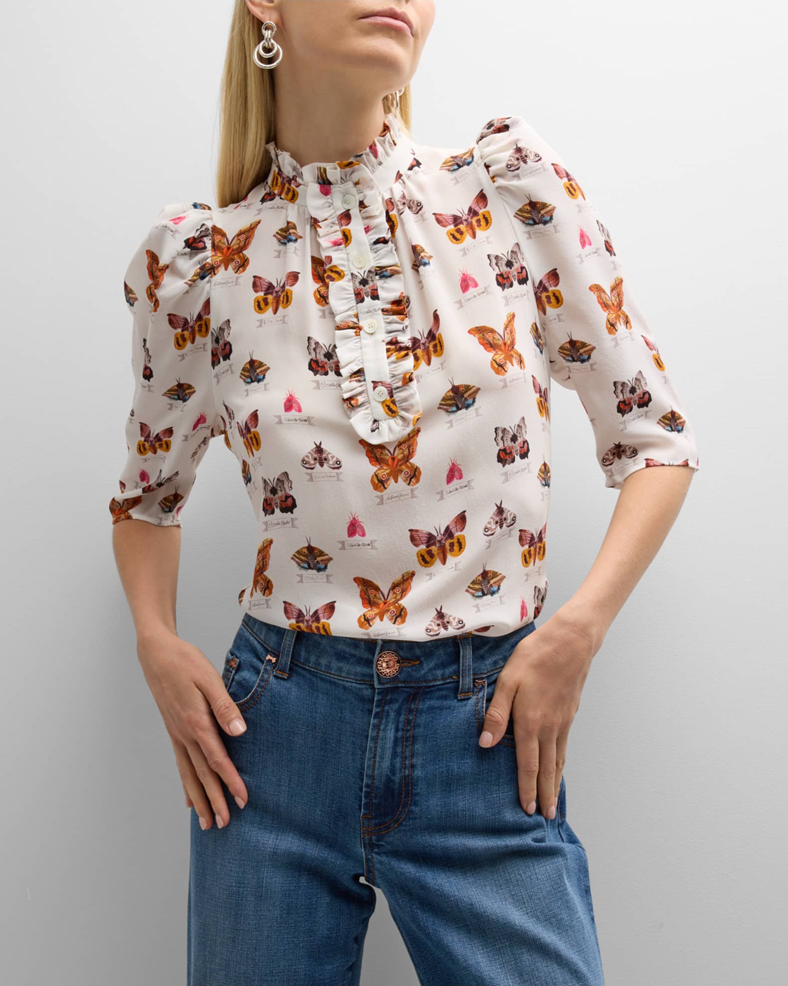 Maison Common Butterfly-Print Ruffle Silk Blouse | Neiman Marcus
