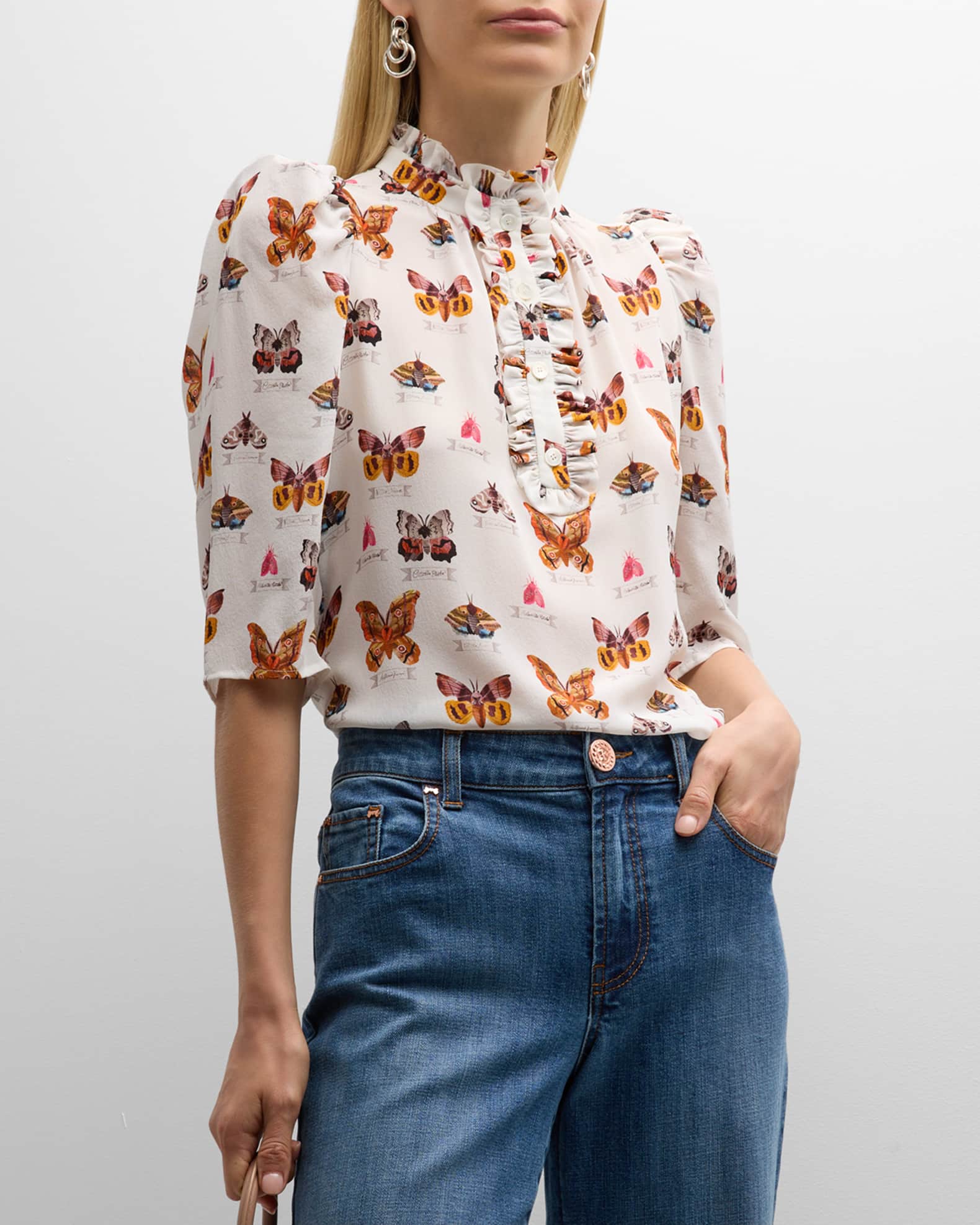 Maison Common Butterfly-Print Ruffle Silk Blouse | Neiman Marcus