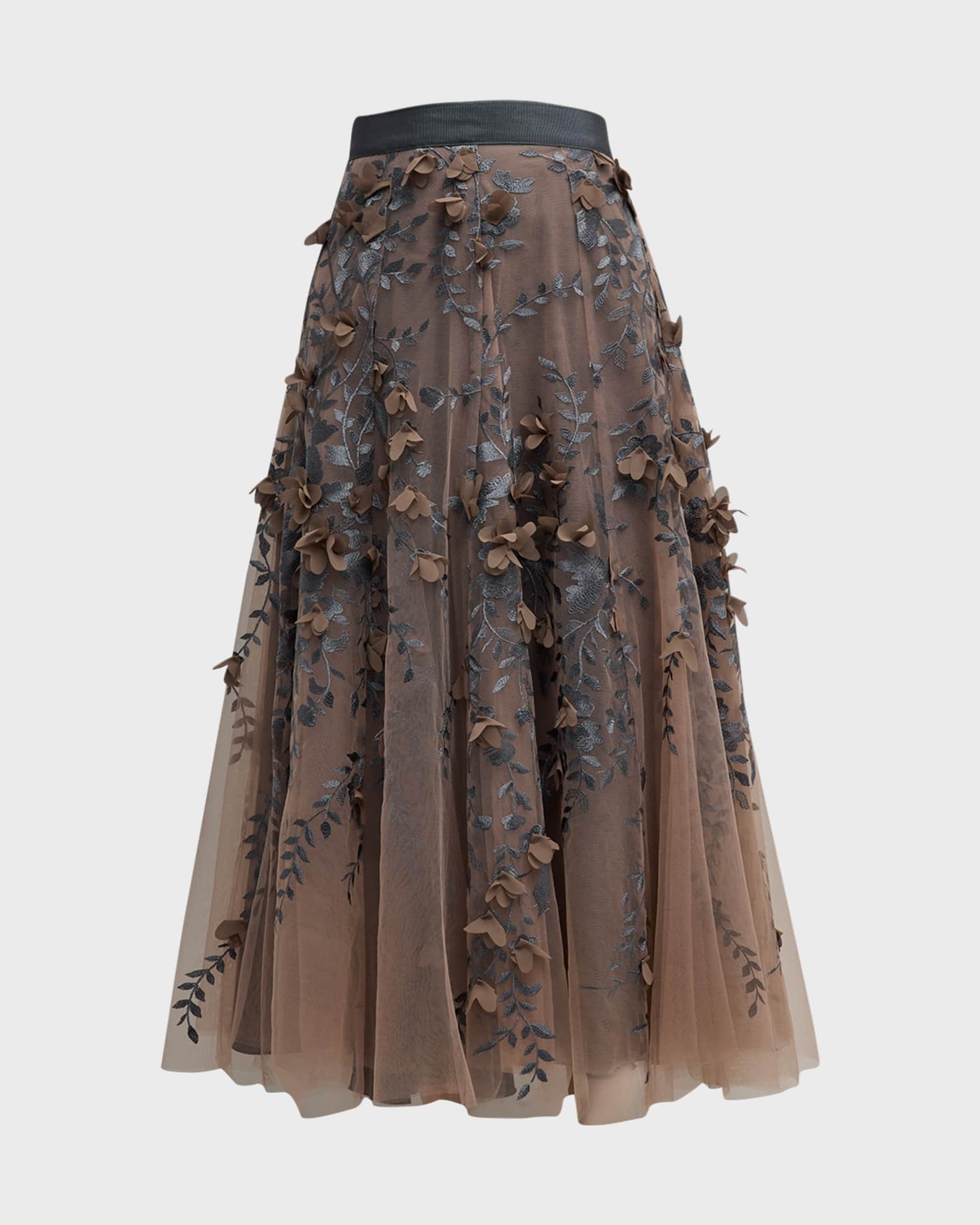 Maison Common Floral Tulle Embroidered Midi Skirt | Neiman Marcus