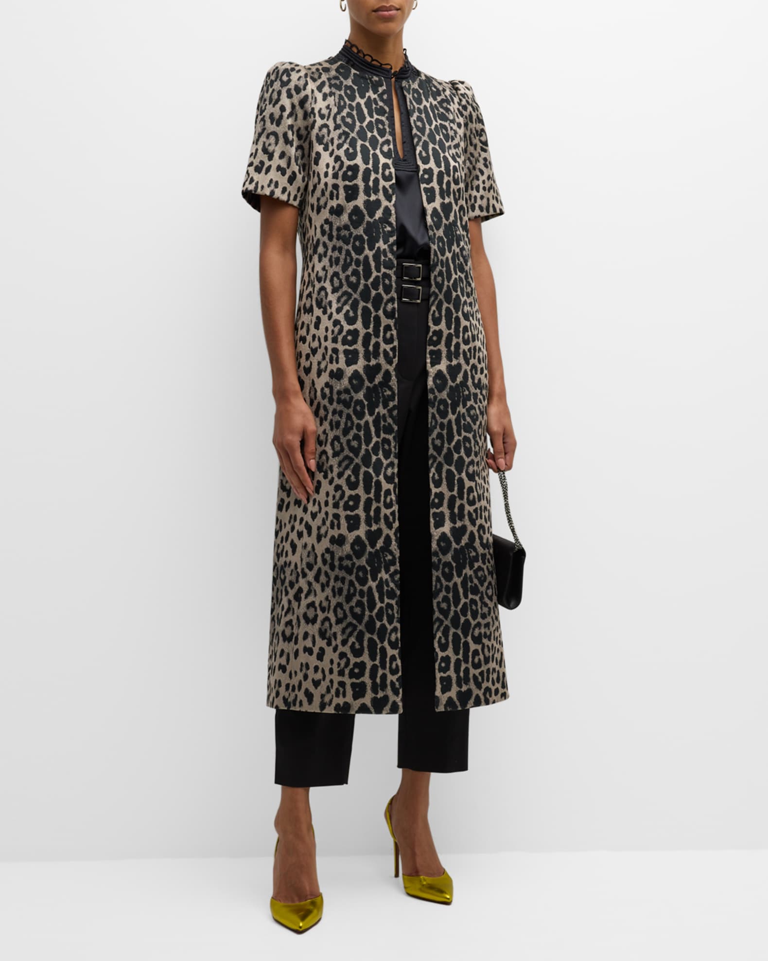 Maison Common Short-Sleeve Leopard Jacquard Long Duster Coat | Neiman Marcus
