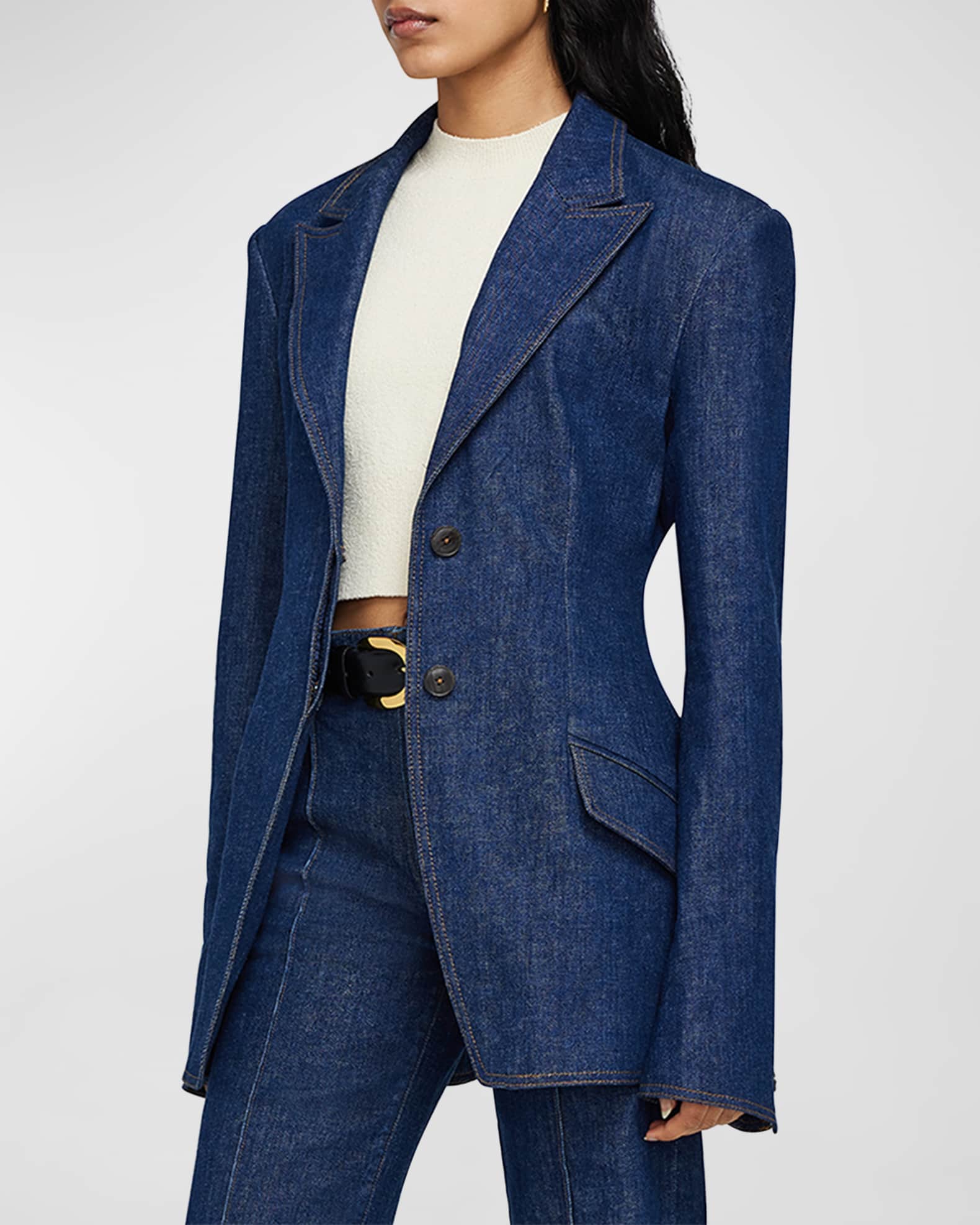 SIMKHAI Jasper Cinched-Waist Denim Blazer Jacket | Neiman Marcus