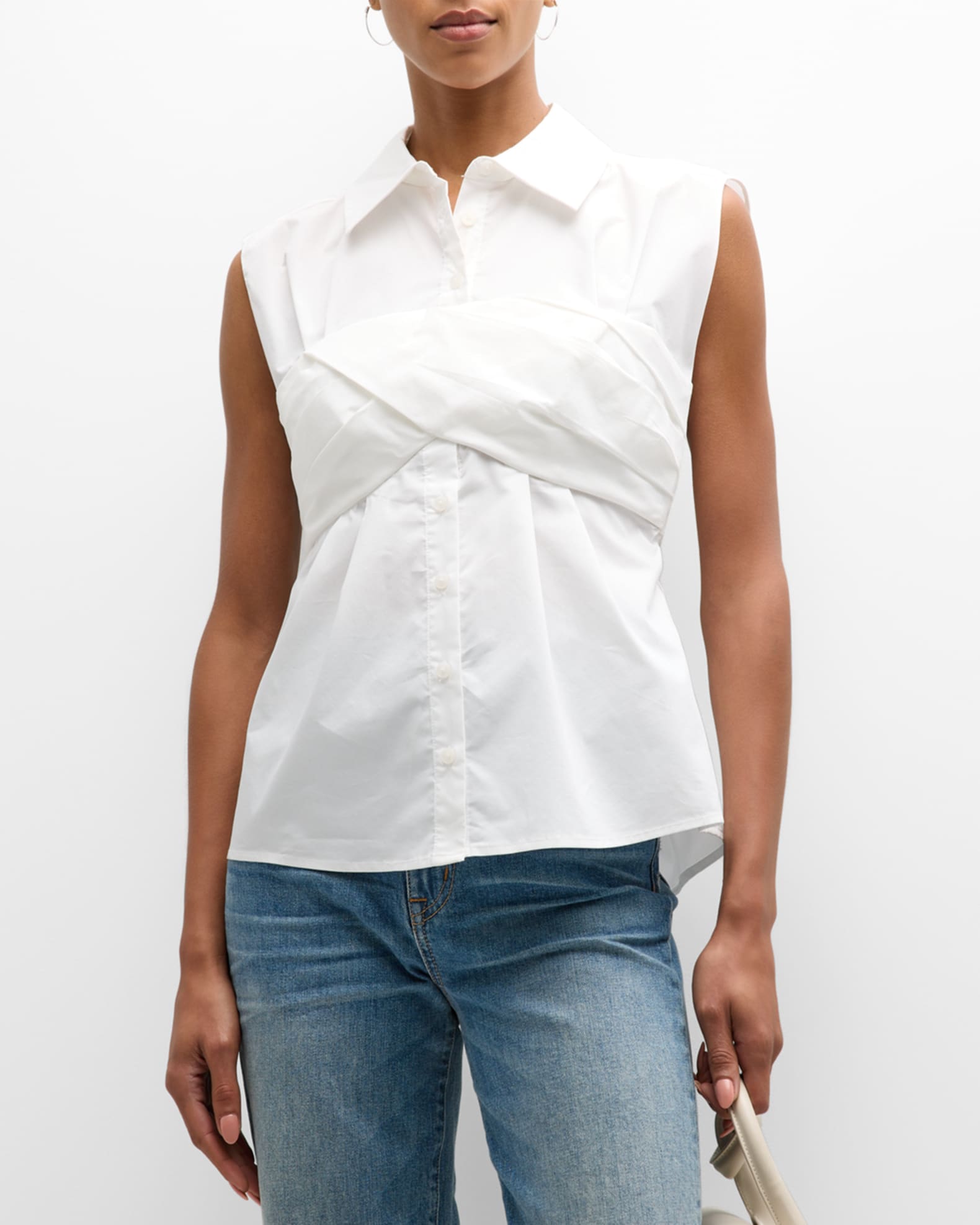 SIMKHAI Rainey Sleeveless Crossover Nipped-Waist Shirt | Neiman Marcus