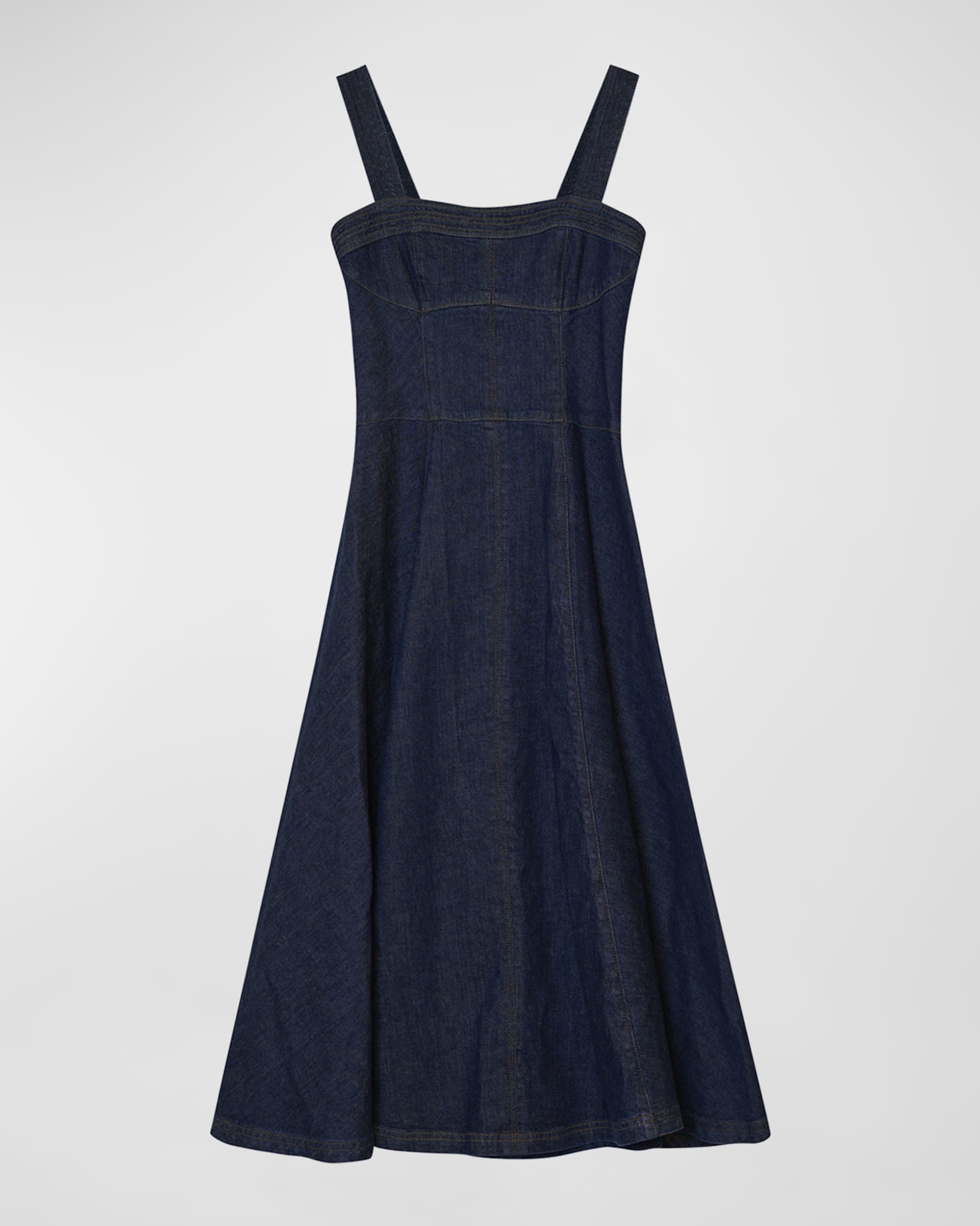 SIMKHAI Cici Bustier Fit-&-Flare Denim Midi Dress | Neiman Marcus