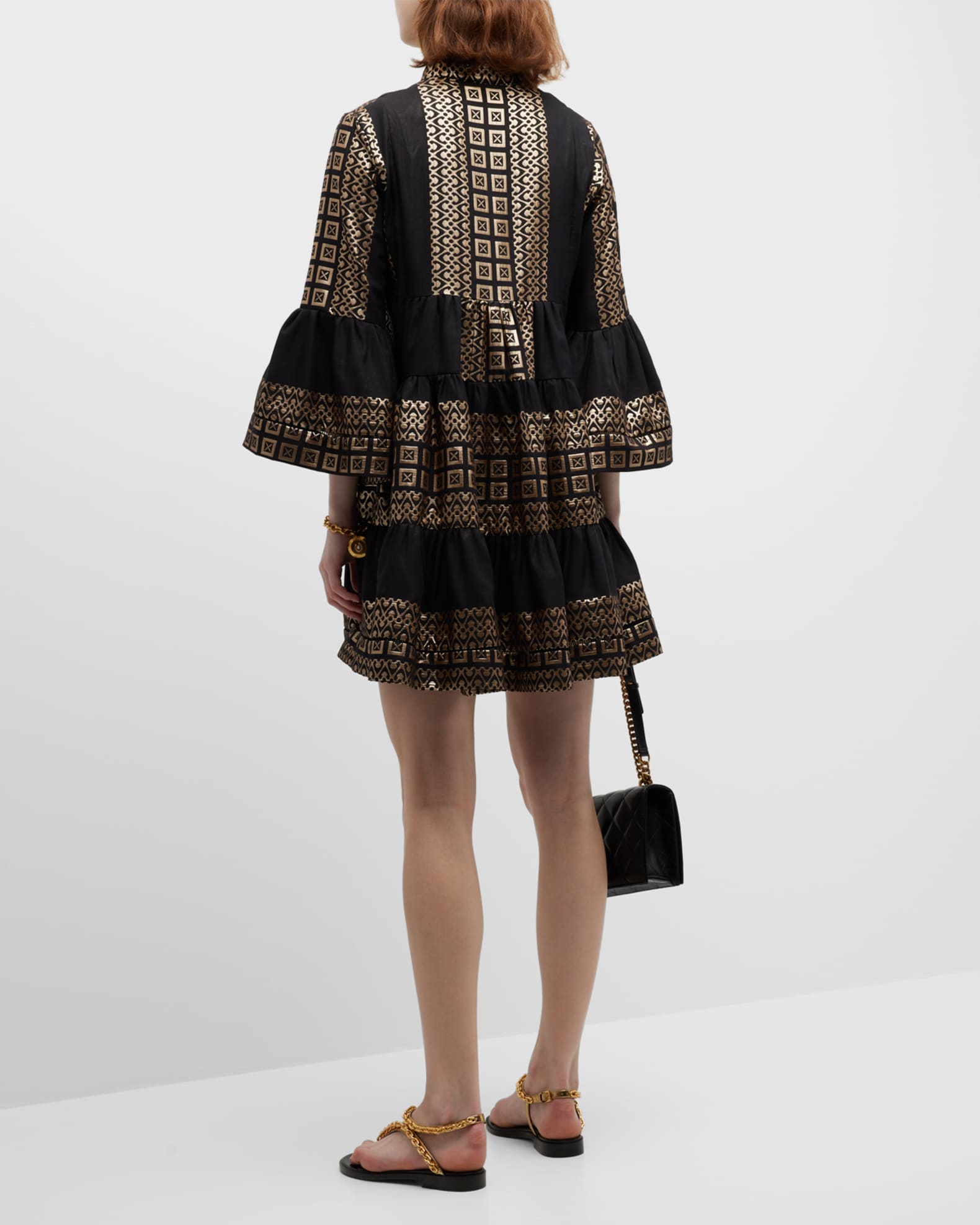 LACE The Label Bell-Sleeve Metallic Jacquard Mini Dress | Neiman Marcus