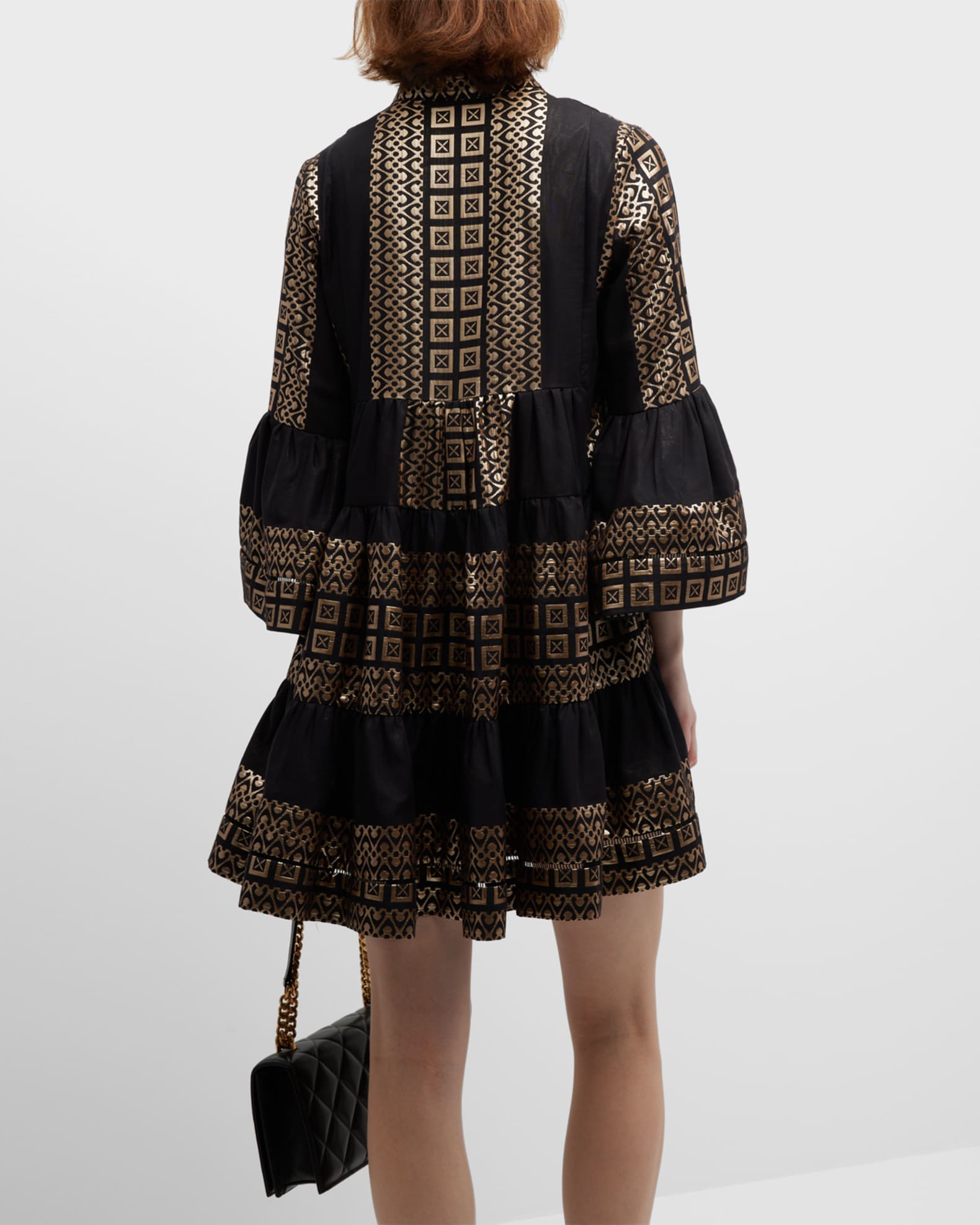LACE The Label Bell-Sleeve Metallic Jacquard Mini Dress | Neiman Marcus