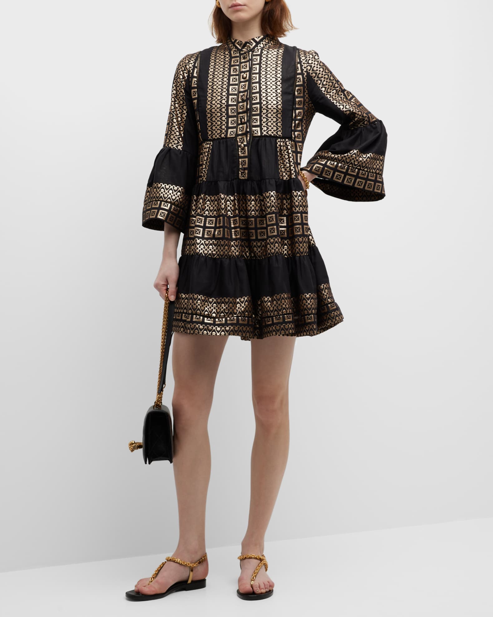 LACE The Label Bell-Sleeve Metallic Jacquard Mini Dress | Neiman Marcus