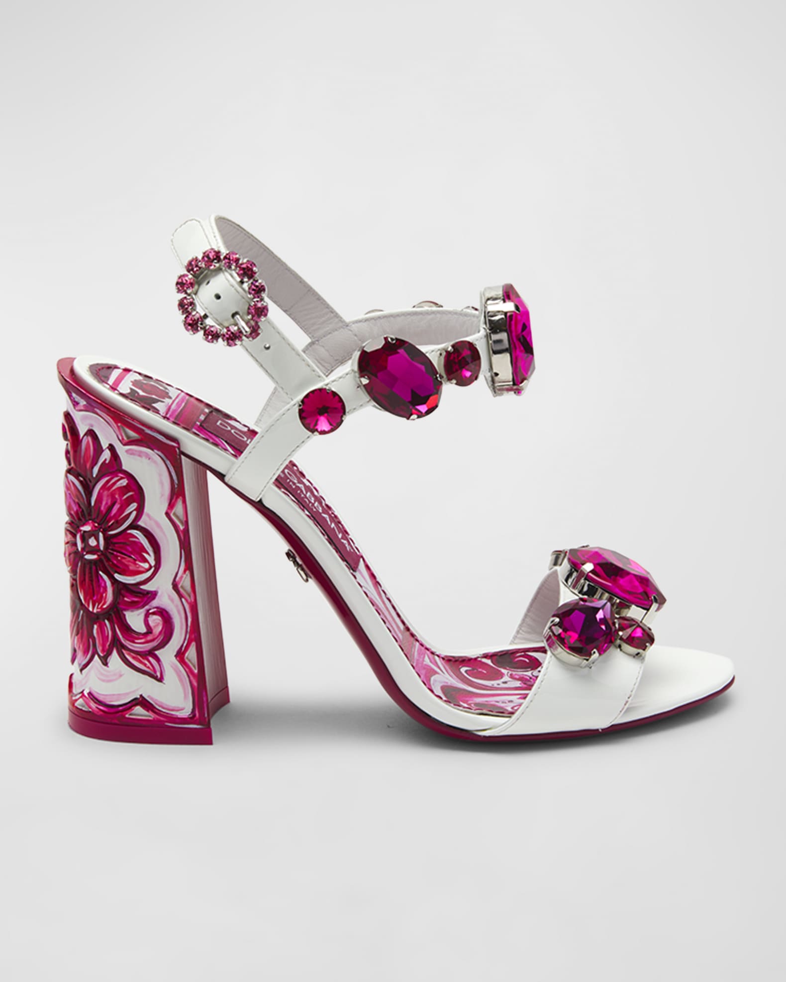 Dolce&Gabbana Jeweled Tile-Print Patent Leather Sandals | Neiman Marcus