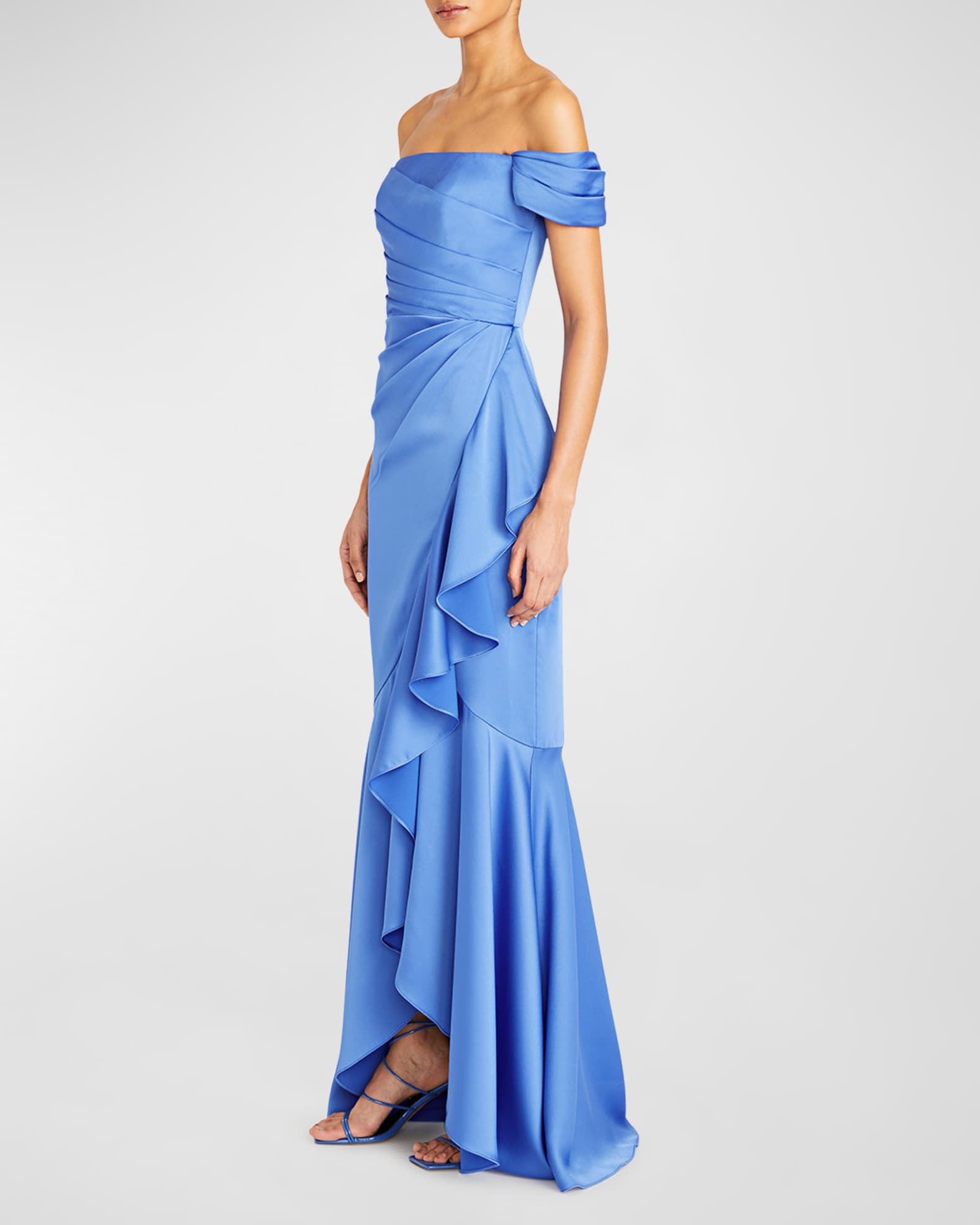 Theia Bailey Pleated Off-Shoulder Ruffle Gown | Neiman Marcus