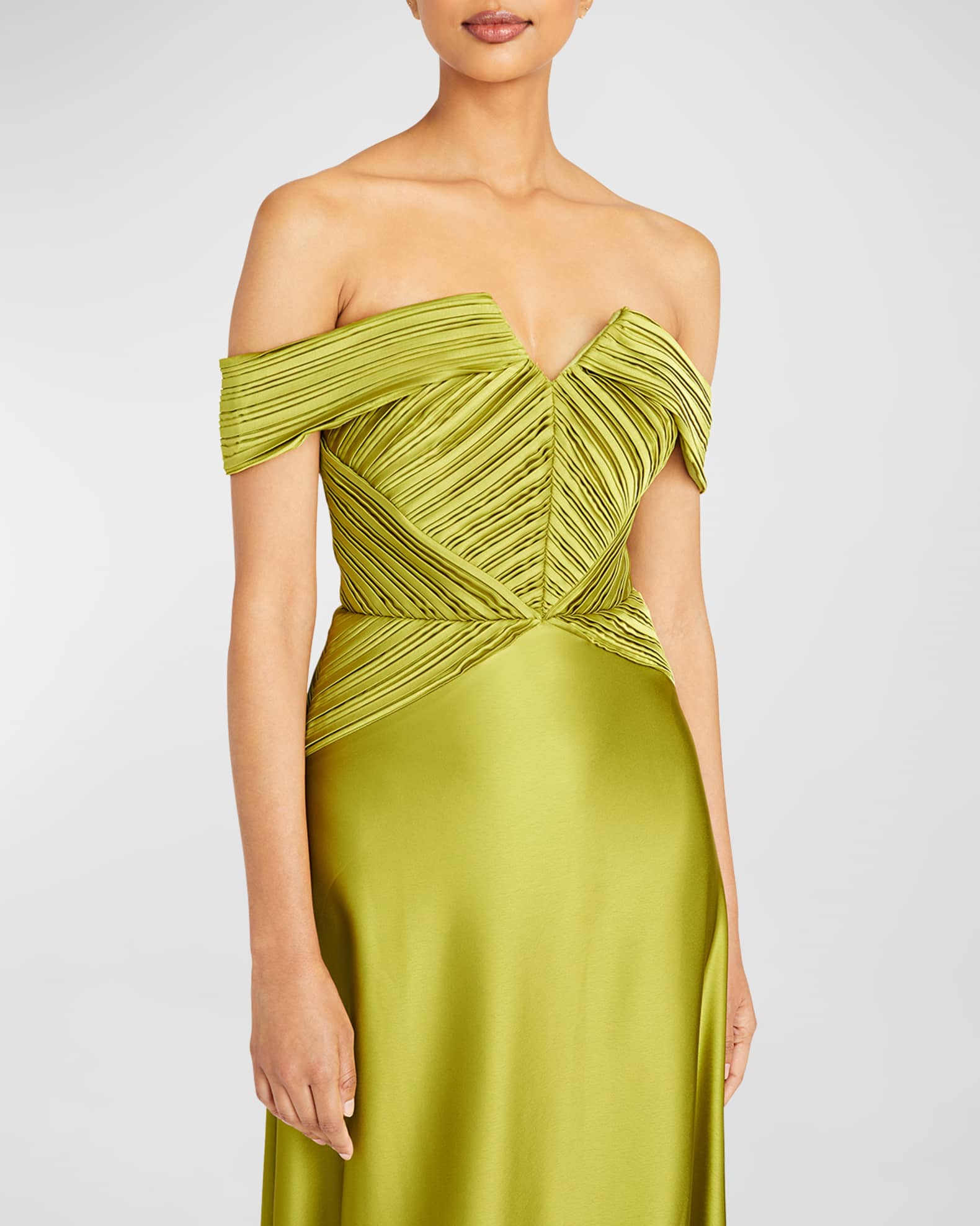 Theia Venus Pleated Off-Shoulder A-Line Gown | Neiman Marcus