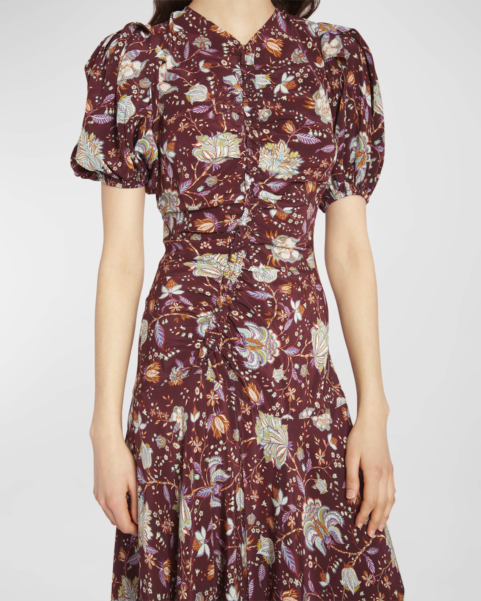 Ulla Johnson Heleen Puff-Sleeve Floral Silk Asymmetric Midi Dress ...