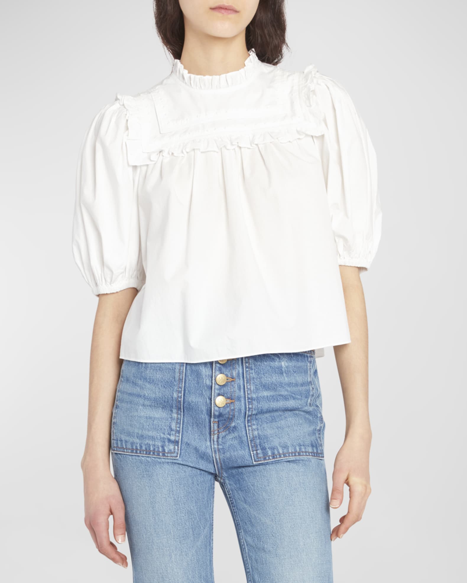 Ulla Johnson Adeline Puff-Sleeve Ruffled Bib Top | Neiman Marcus
