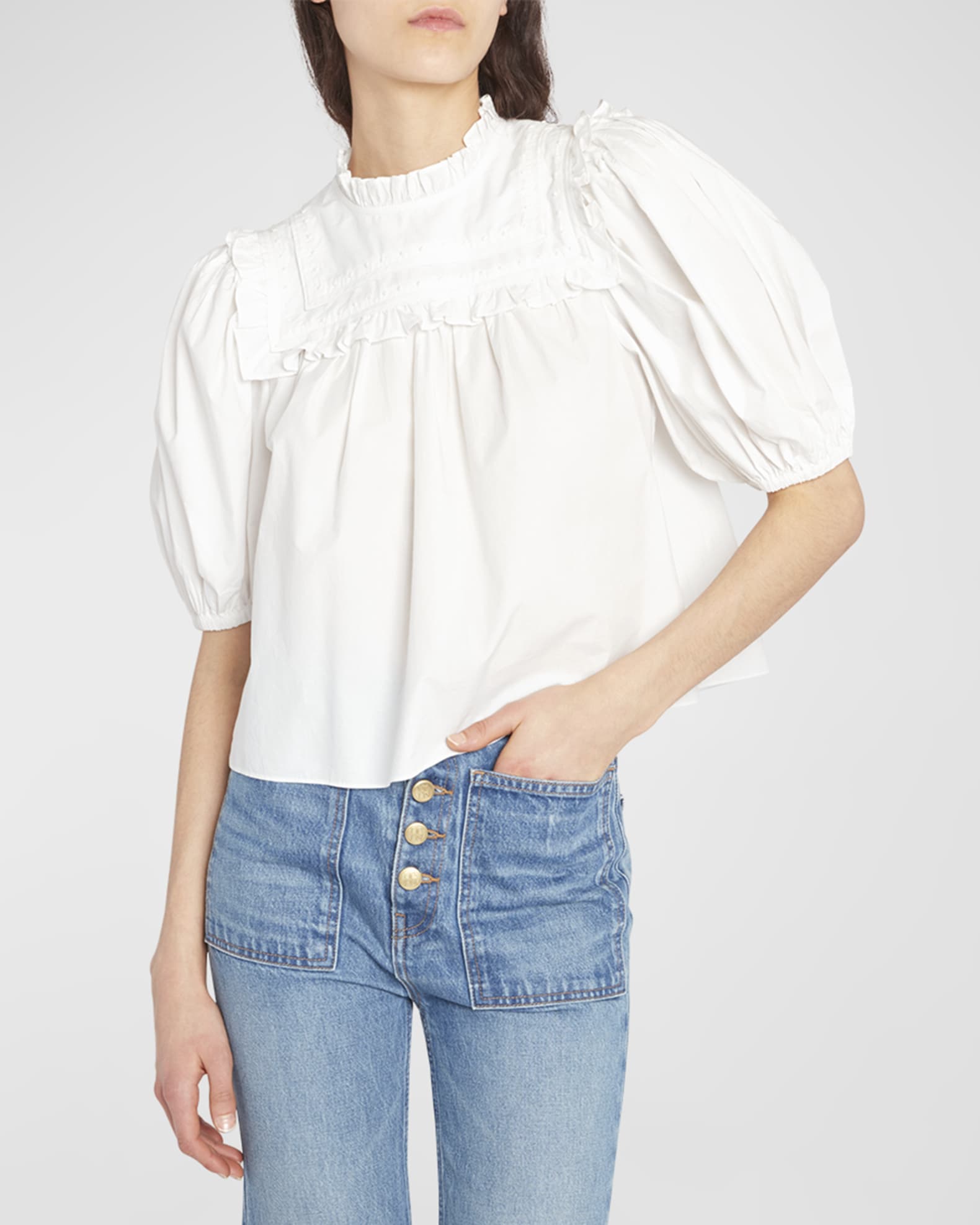 Ulla Johnson Adeline Puff-Sleeve Ruffled Bib Top | Neiman Marcus