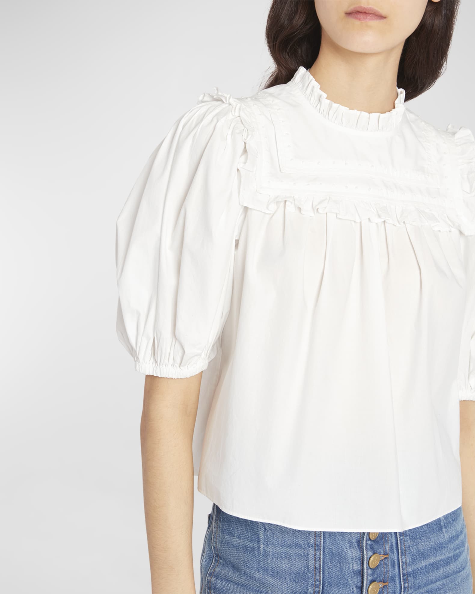 Ulla Johnson Adeline Puff-Sleeve Ruffled Bib Top | Neiman Marcus