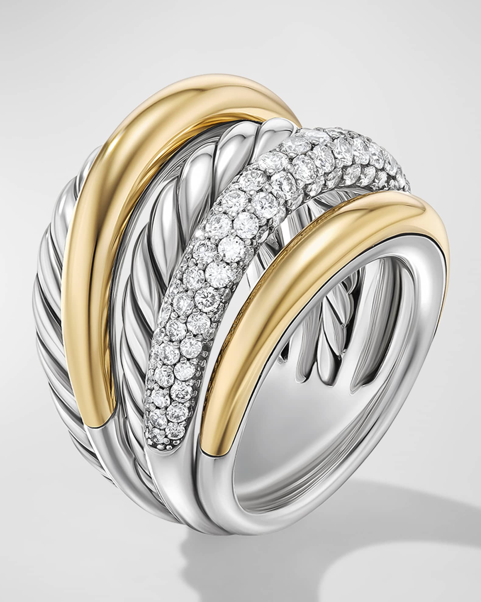 David Yurman DY Mercer Ring with Diamonds in Silver and 18K Gold, 21mm | Neiman Marcus