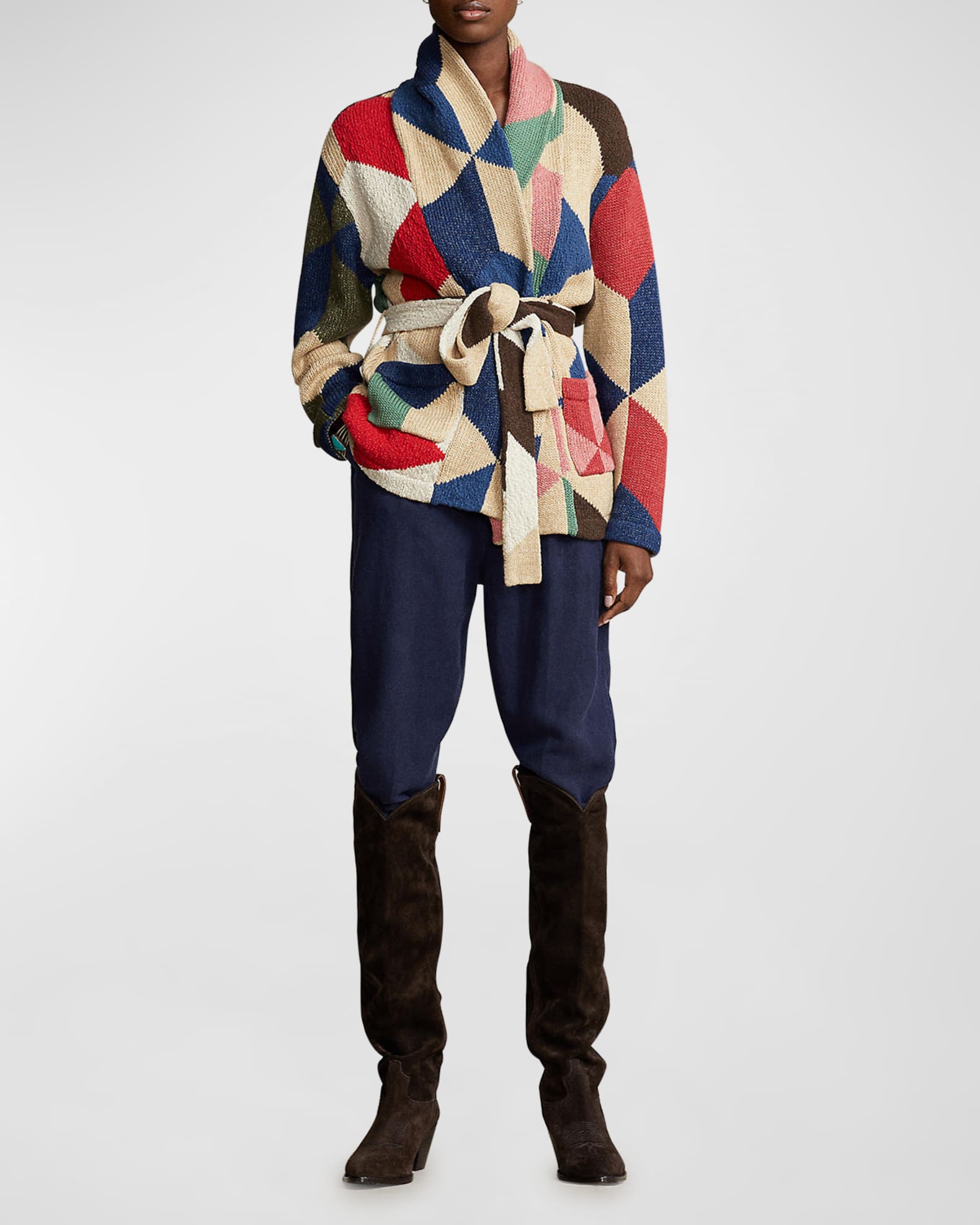 Polo Ralph Lauren Patchwork-Motif Cotton-Linen Cardigan | Neiman Marcus