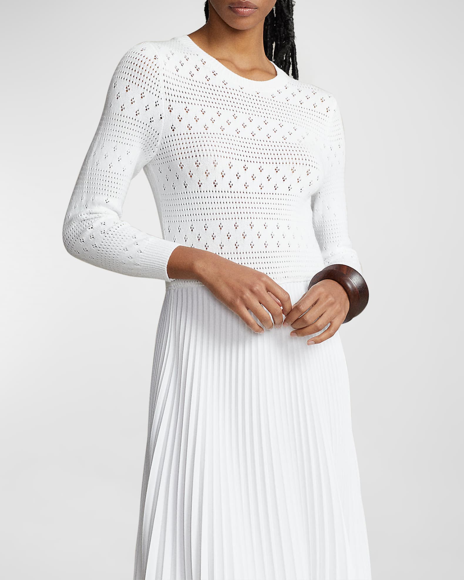 Polo Ralph Lauren Hybrid Pointelle-Bodice Pleated Dress | Neiman Marcus