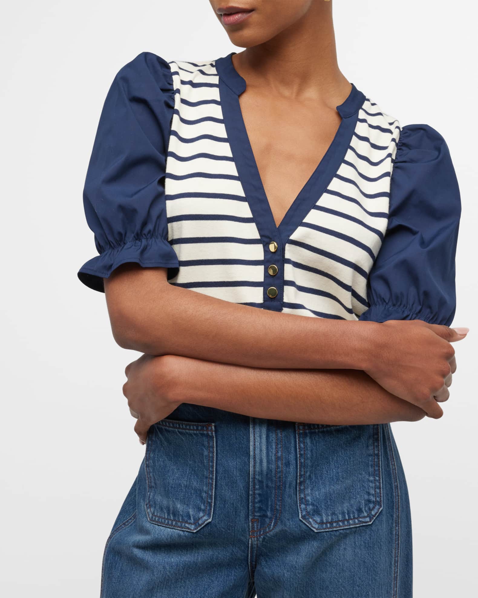 Veronica Beard Jeans Raegan Stripe Puff-Sleeve Top | Neiman Marcus
