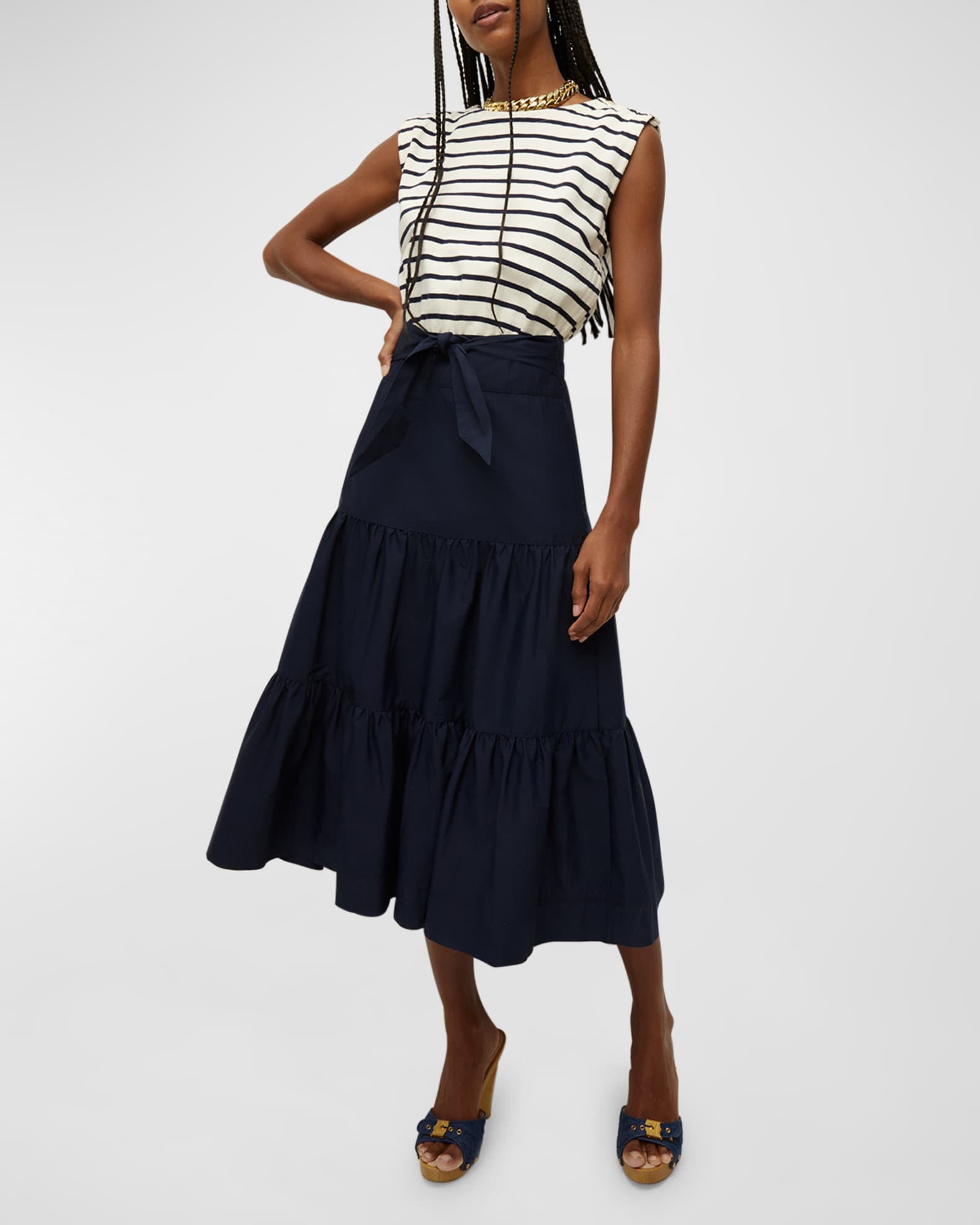 Veronica Beard Pazila Striped Tiered A-Line Midi Dress | Neiman Marcus