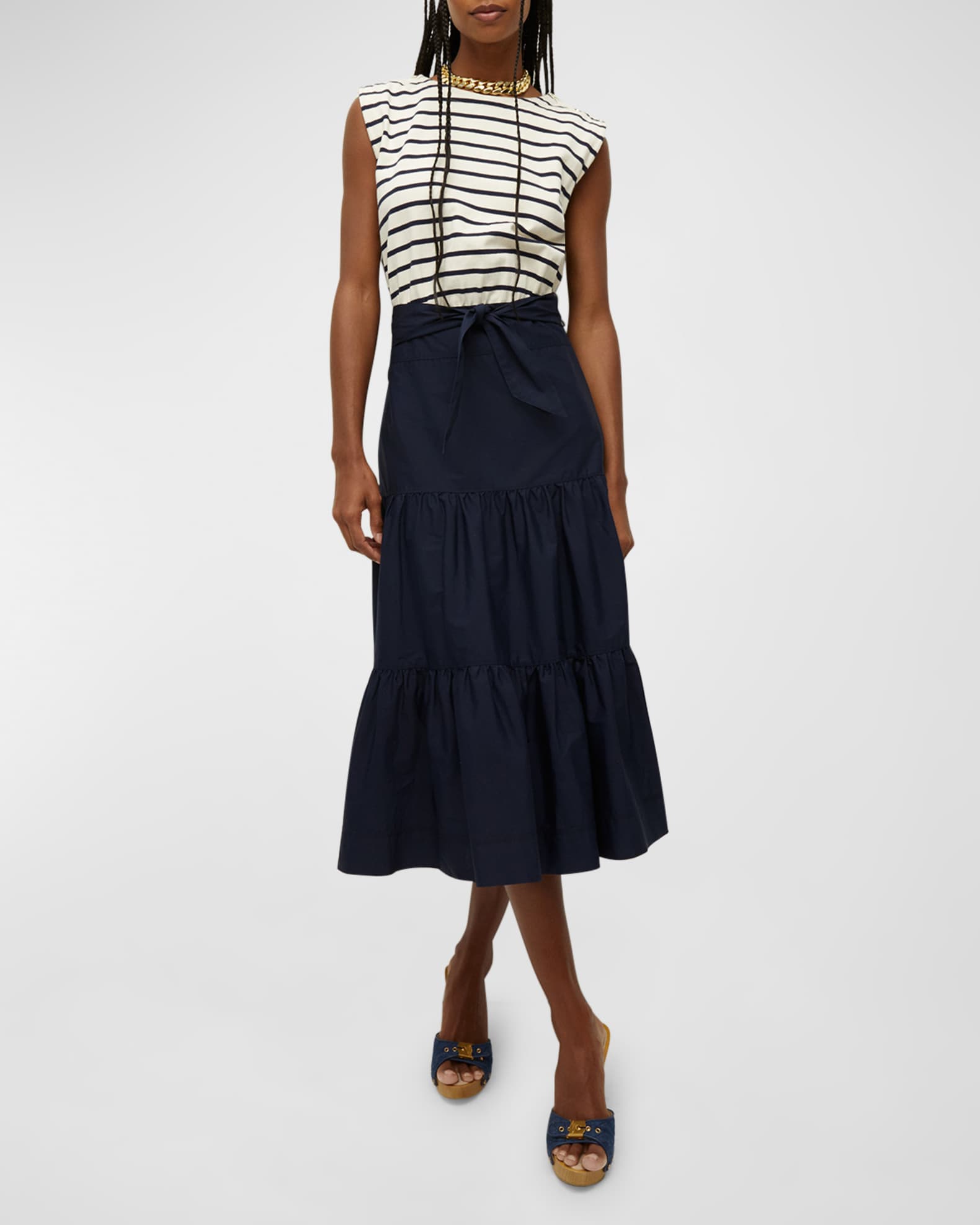 Veronica Beard Pazila Striped Tiered A-Line Midi Dress | Neiman Marcus