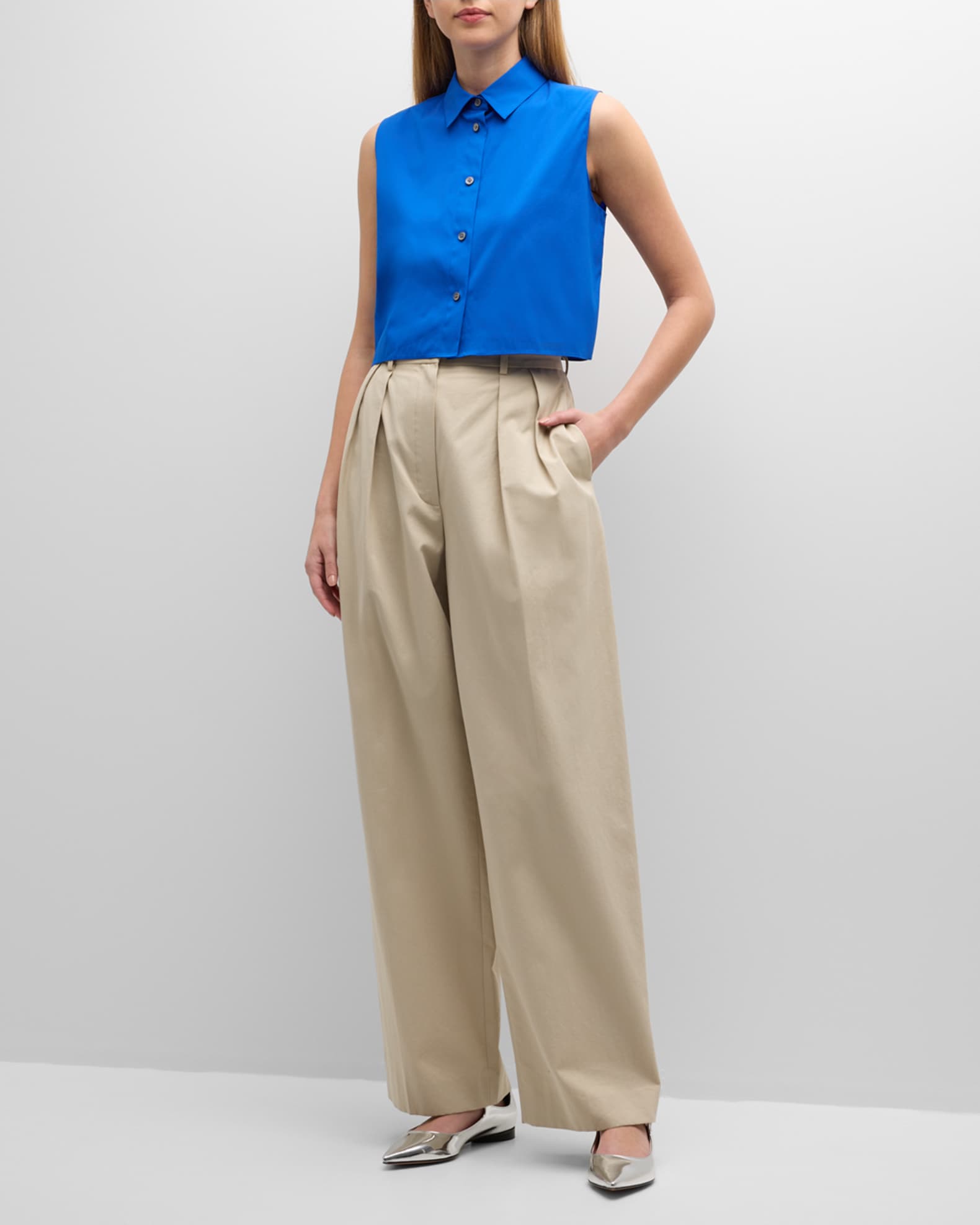 Theory Cropped Sleeveless Cotton Shirt | Neiman Marcus