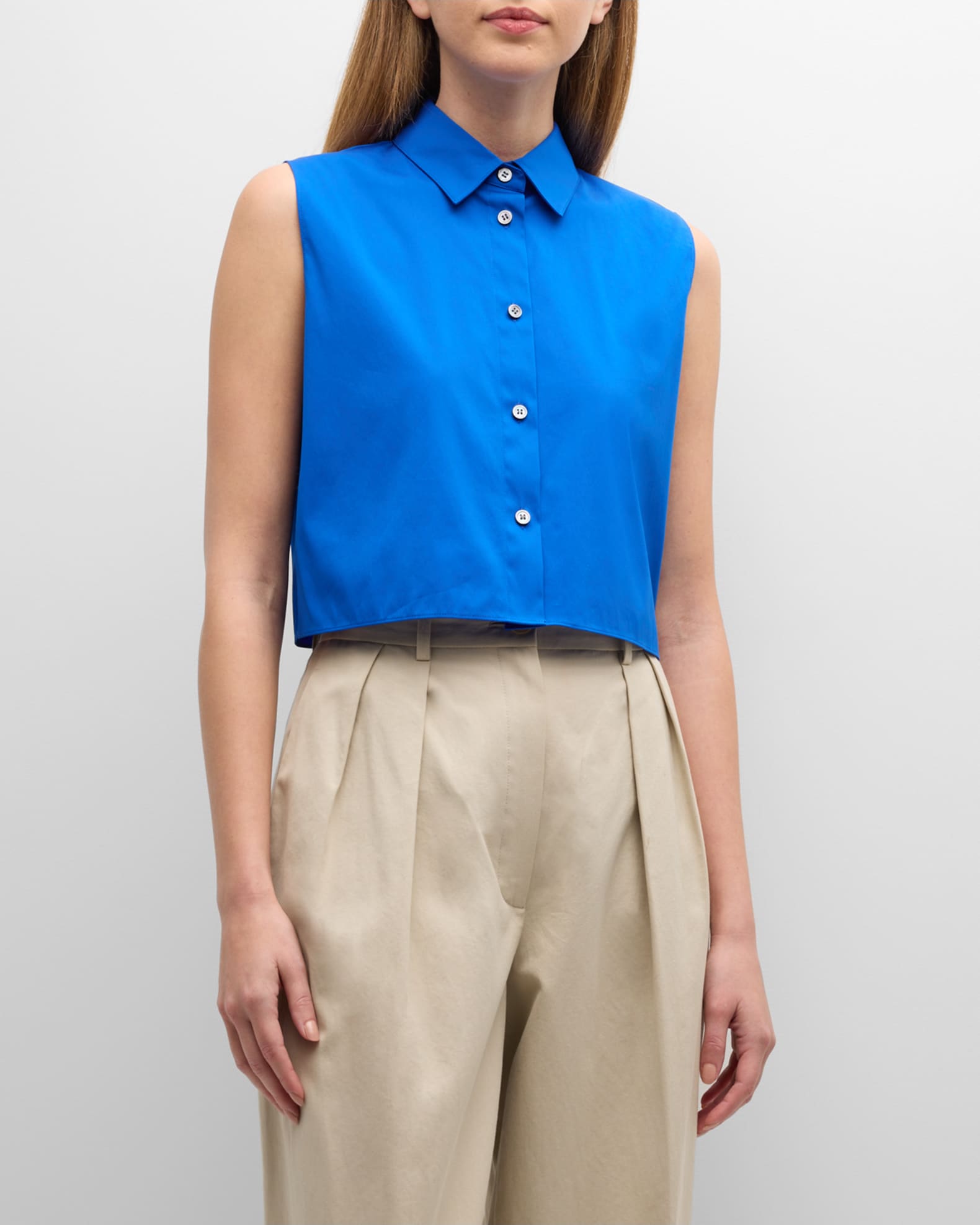 Theory Cropped Sleeveless Cotton Shirt | Neiman Marcus