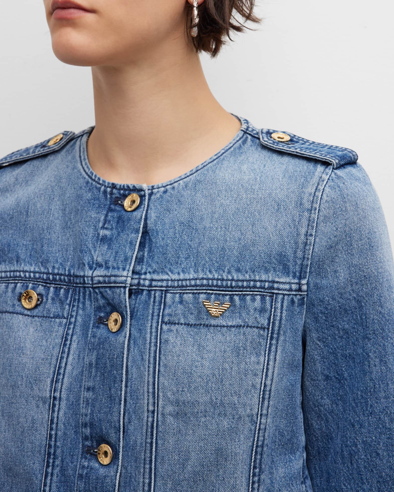 Emporio Armani 3/4-Sleeve Epaulet Button-Down Jean Jacket | Neiman Marcus