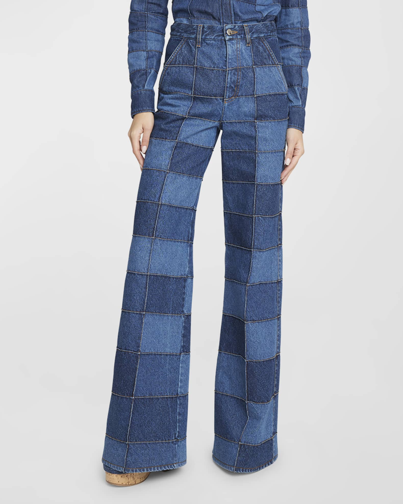 Chloe Recycled Denim Patchwork Wide-Leg Jeans | Neiman Marcus