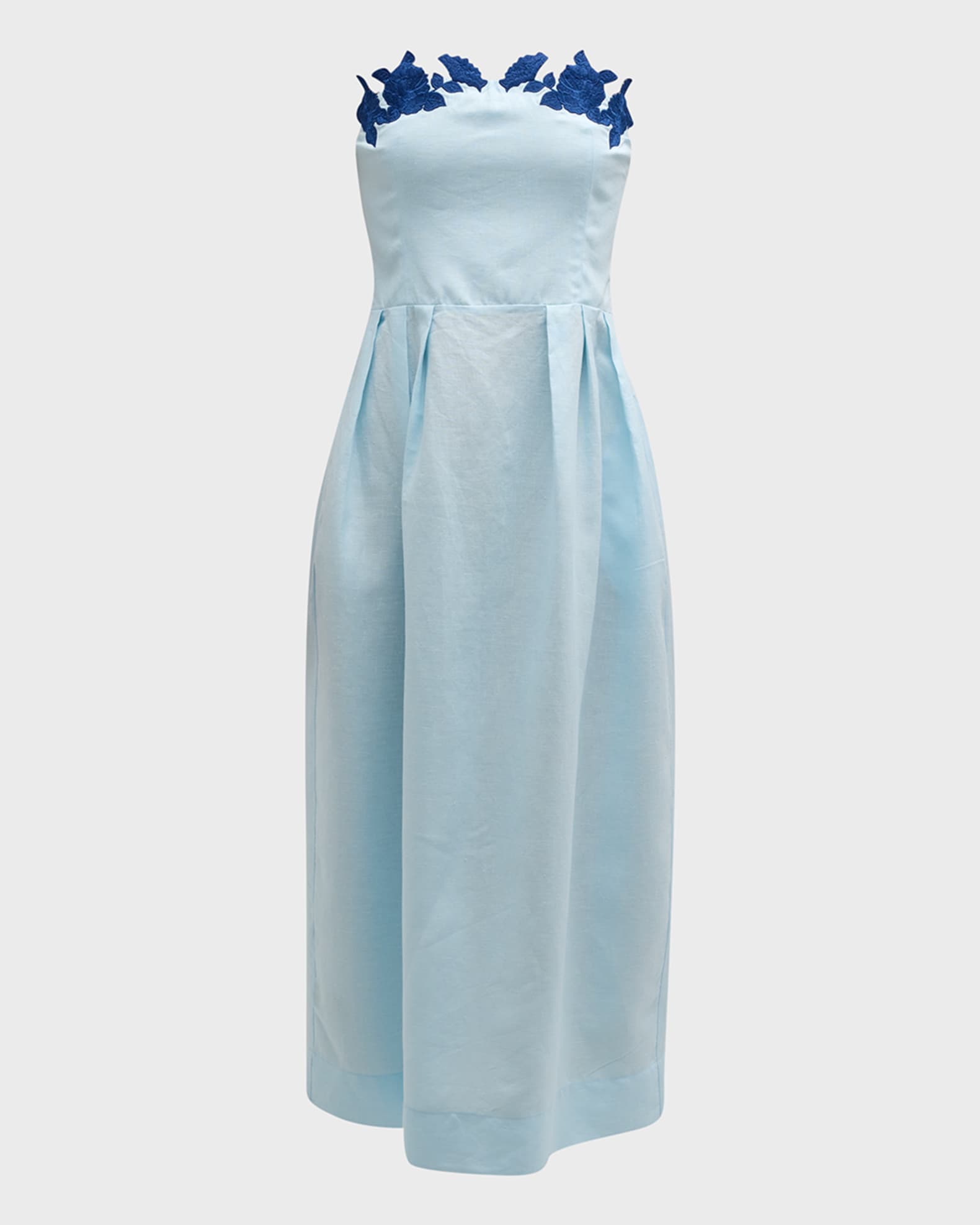 FANM MON Lorr Strapless Embroidered Linen Midi Dress | Neiman Marcus